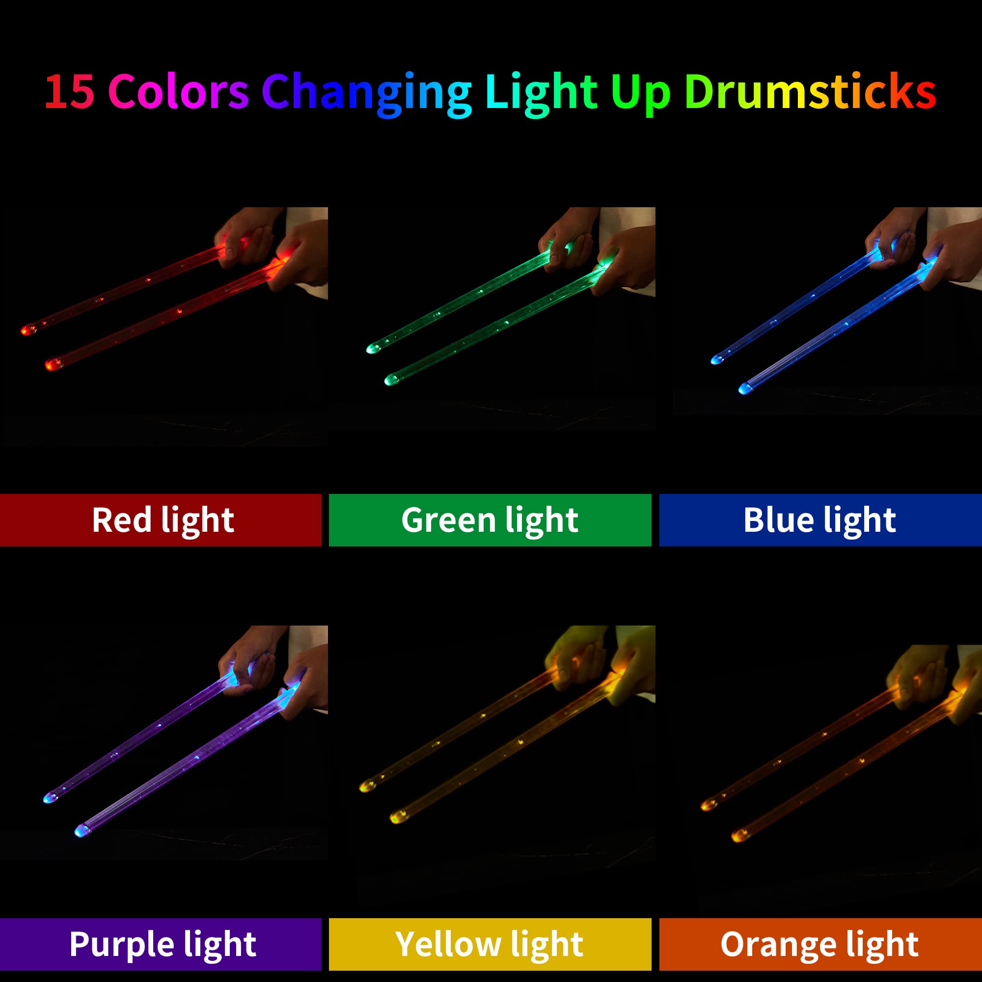 Rechargeable 15 Color Changing LED Light Up Drum Sticks With Storage Bag, Glow In The Dark Drumsticks, Drummer Gifts Glow Plastic Drum Sticks for Adults,Personalized Drum Sticks(2pcs/Pack)