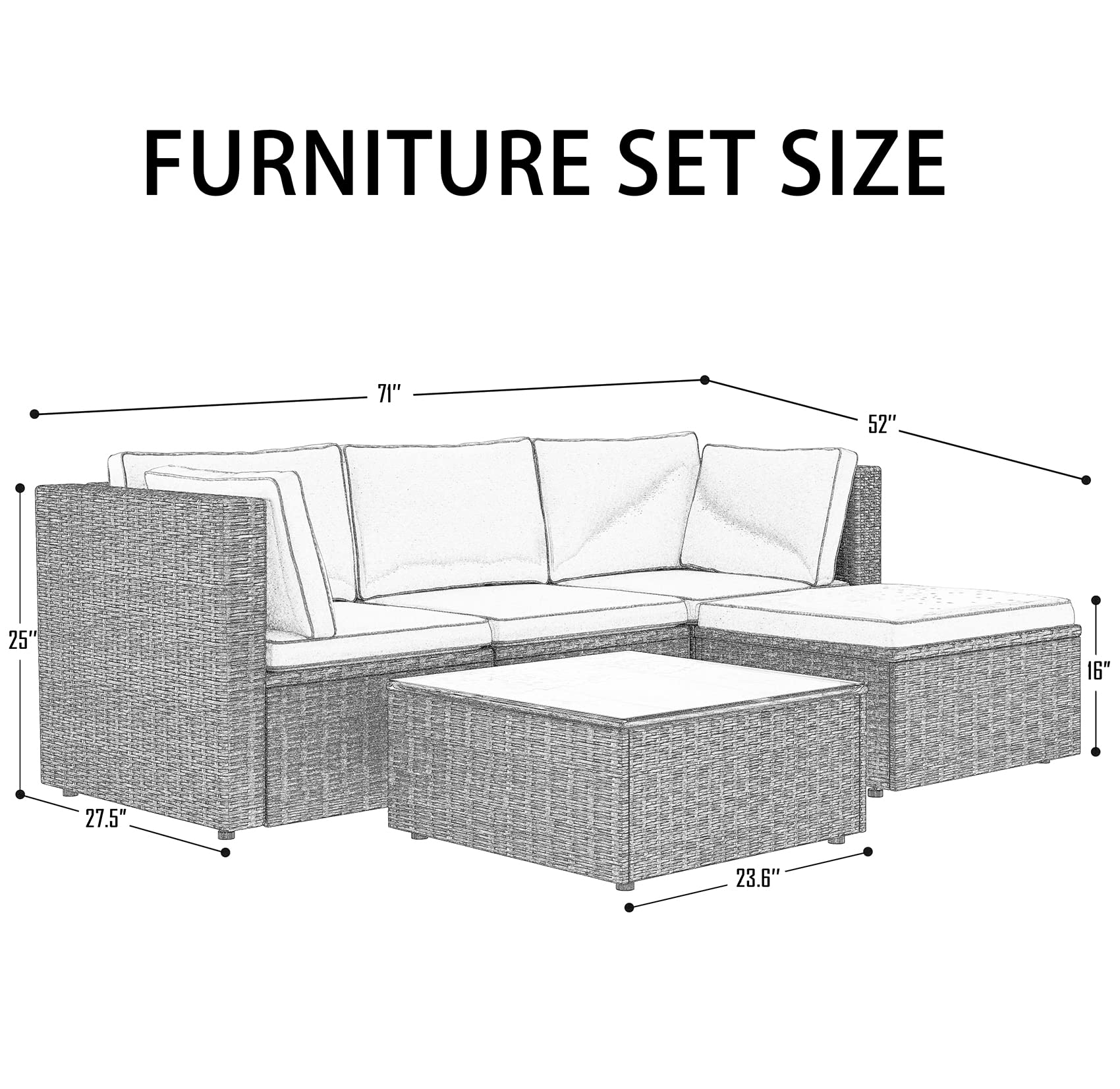 Melidee Outdoor Sectional Sofa - 5 Pieces Patio Furniture Sets, Manual Weaving Wicker Rattan Conversation Sets with Cushion and Glass Table
