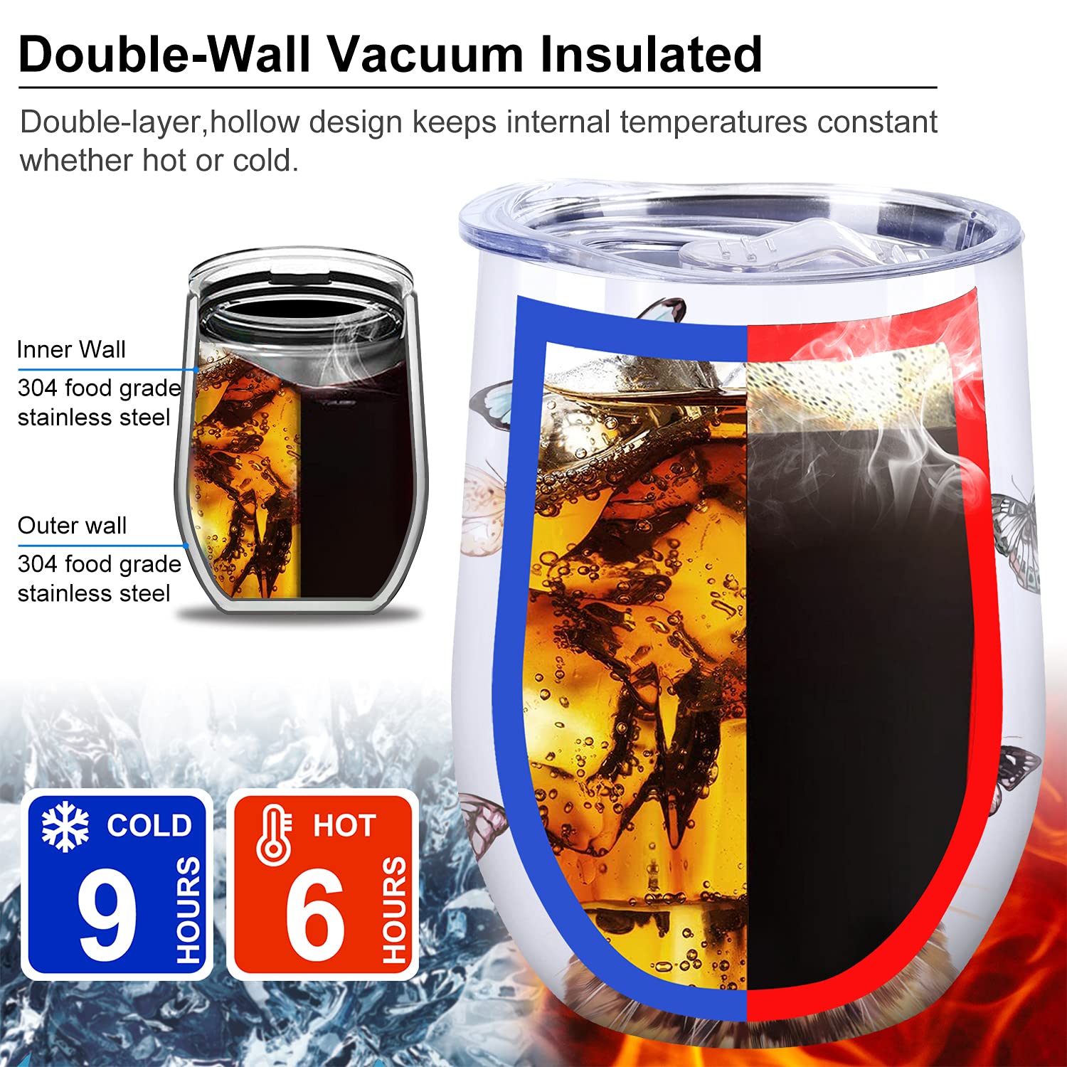 NymphFable 12oz Cat Cup Wine Tumbler With Straw And Lid Insulated Stemless Wine Glass Stainless Steel Double Wall