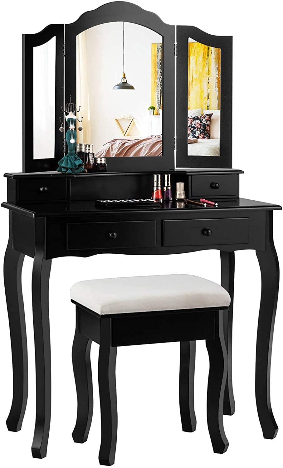 MAT EXPERT Vanity Desk Set with Mirror and Drawer, Dressing Table w/Cushioned Stool, Dressing Table w/4 Drawers, Modern Tri-Folding Mirror Vanities for Washroom/Bedroom/Nursery Room (Black)
