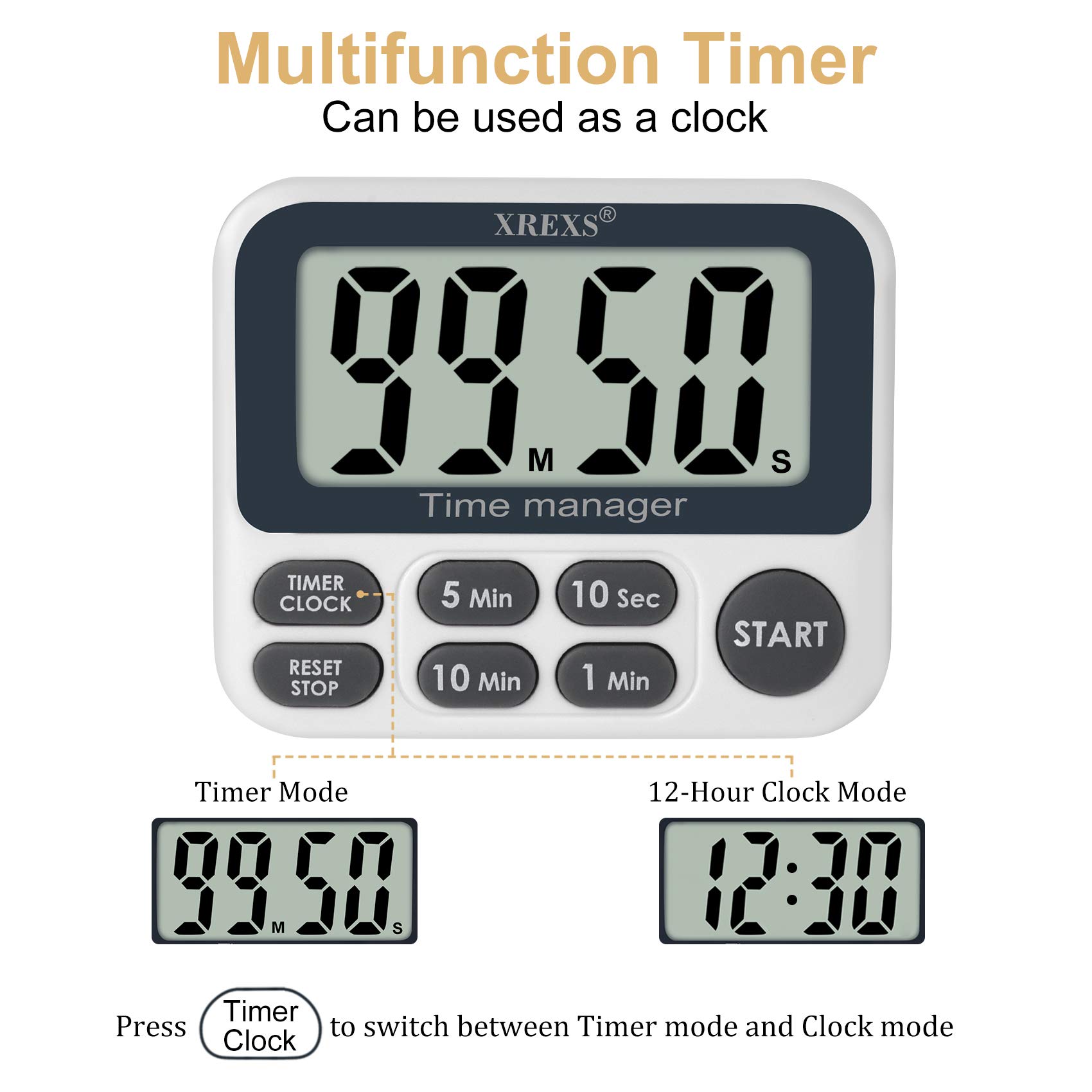 XREXS Digital Kitchen Timer, Magnetic Countdown Up Cooking Timer Clock with Large LCD Display, Adjustable Volume, Loud Alarm & Strong Magnet Classroom Timer for Teachers (Batteries Included)