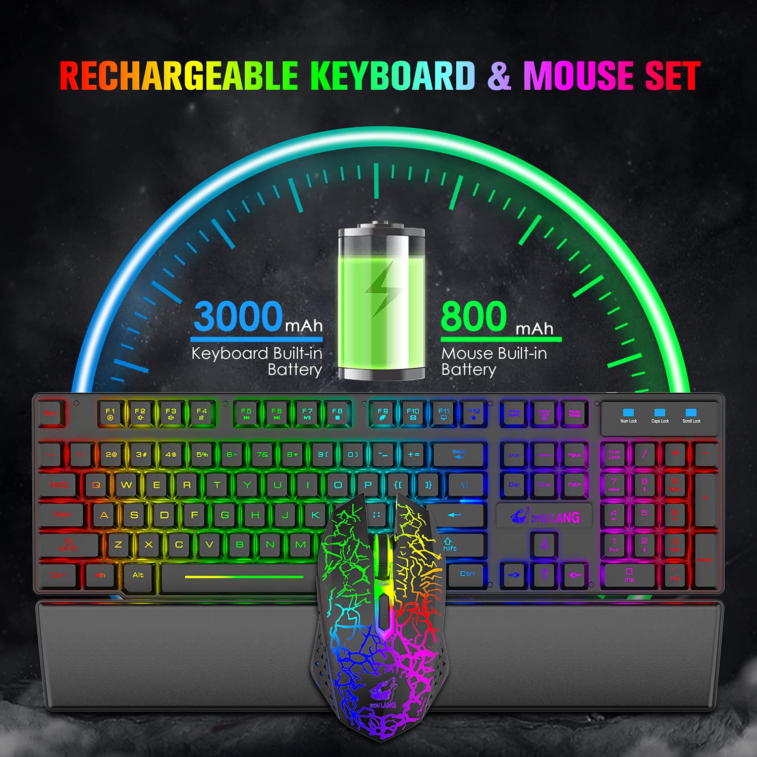 Rechargeable Wireless Gaming Keyboard and Mouse Combo with Wrist Rest Rainbow Backlight Mechanical Feel Gaming Keyboard RGB Crack Gamer Mouse Large Mice Pad for Windows PC and Desktop