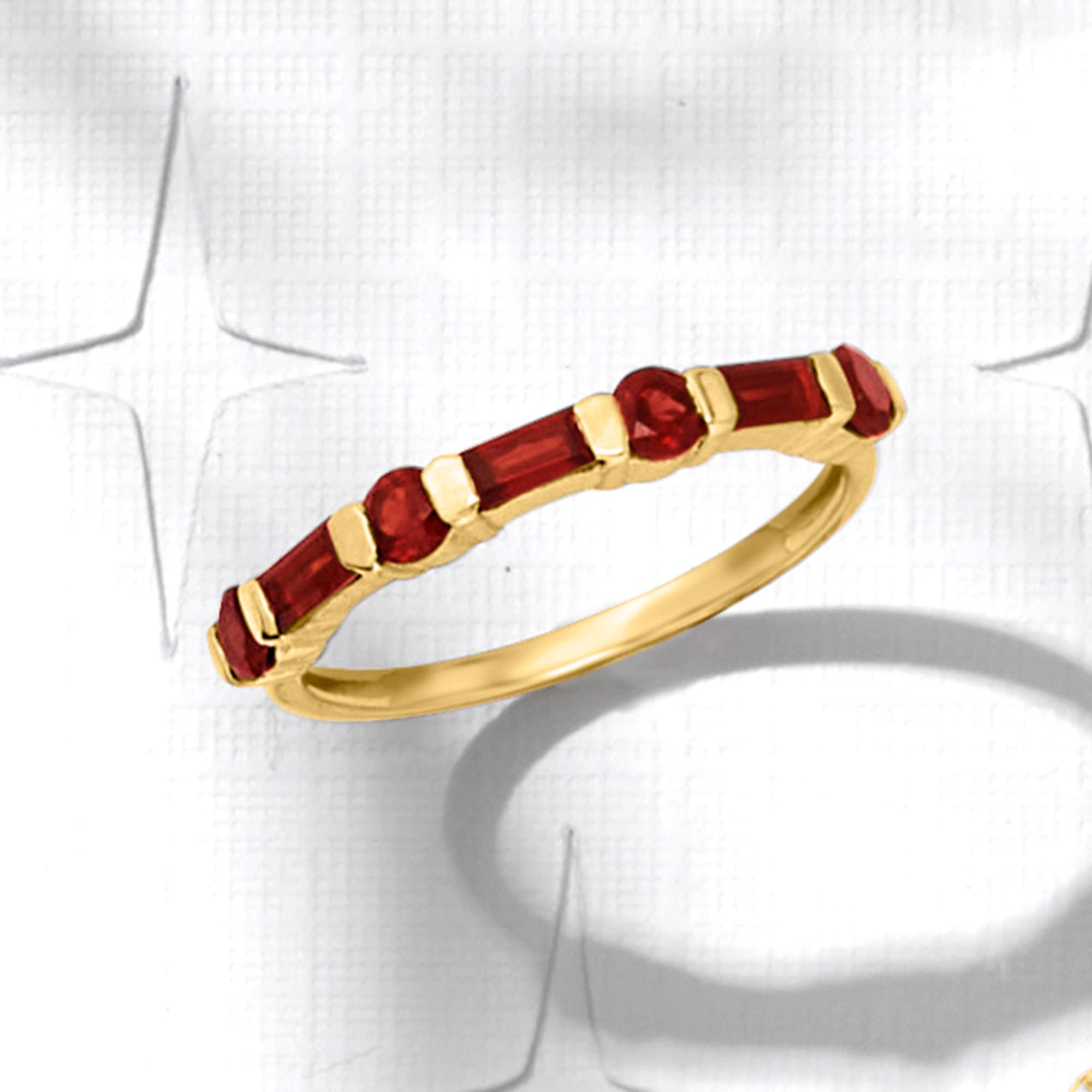 Ross-Simons 0.80 ct. t.w. Baguette and Round Garnet Ring in 14kt Yellow Gold. Size 8