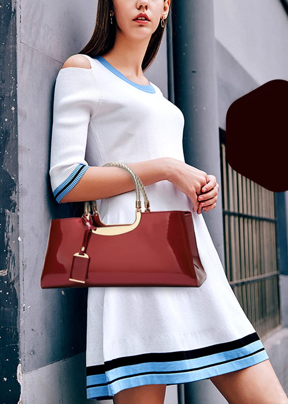 YAQUNICER Top-handle Handbags Purse Tote for Women Patent PU Satchel Gloss Wedding Shoulder Crossbody Bag-Wine