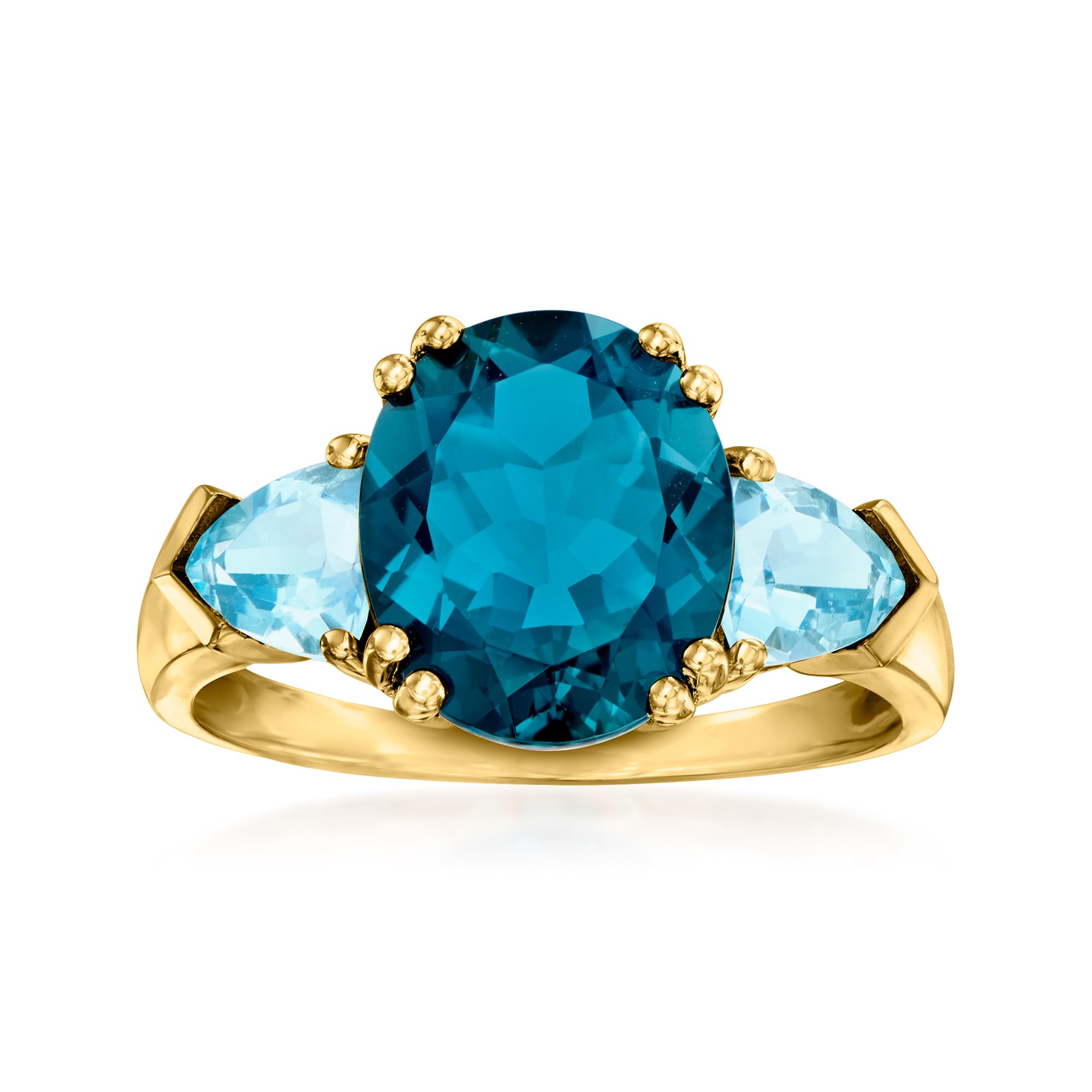 Ross-Simons 5.40 ct. t.w. Tonal Blue Topaz 3-Stone Ring in 14kt Yellow Gold. Size 8