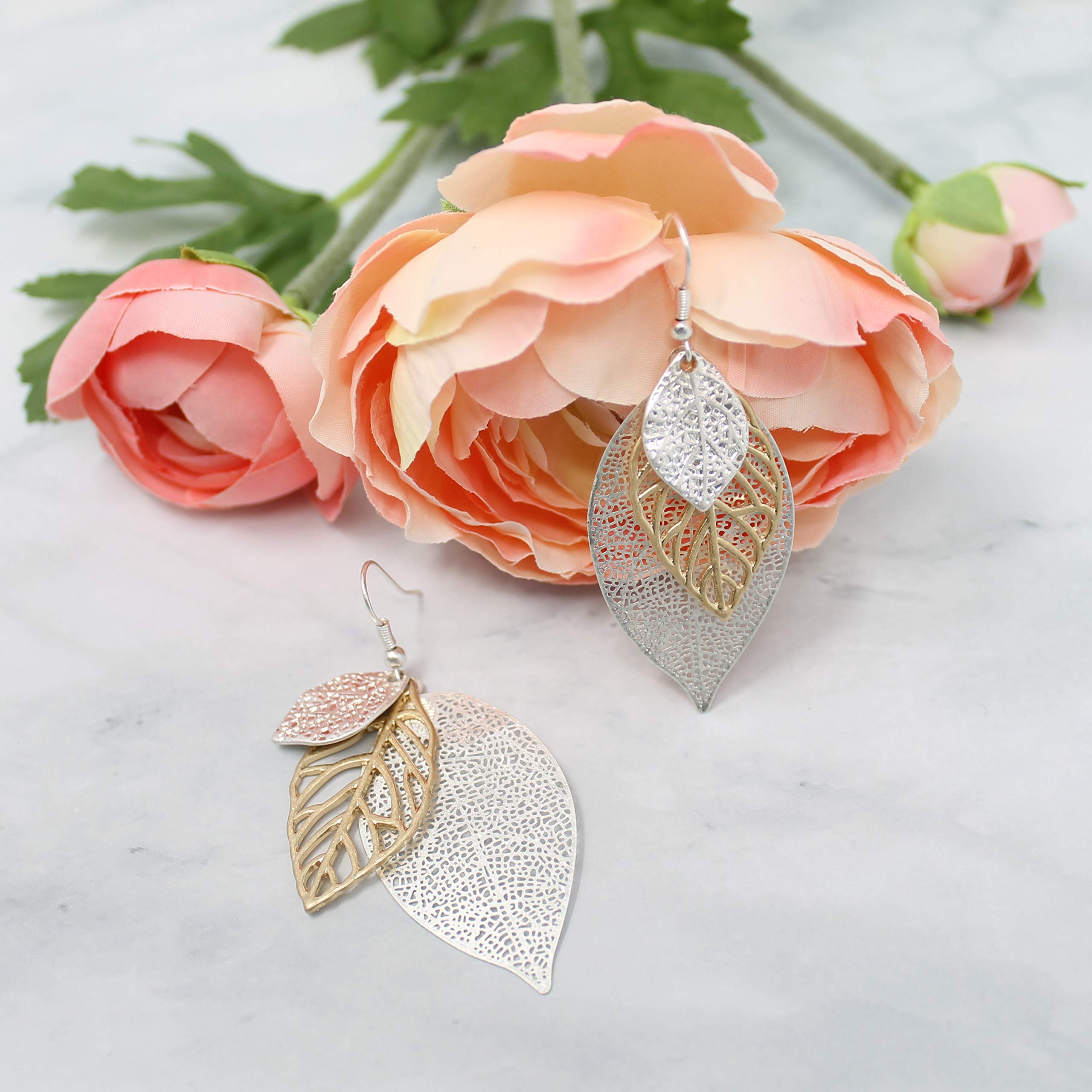 Pomina Choco Gold Fashion Fall Leaf Boho Earrings Gold Silver Two Tone Filigree Leaf Dangle Drop Earrings for Women (ChocoGold_Earrings)