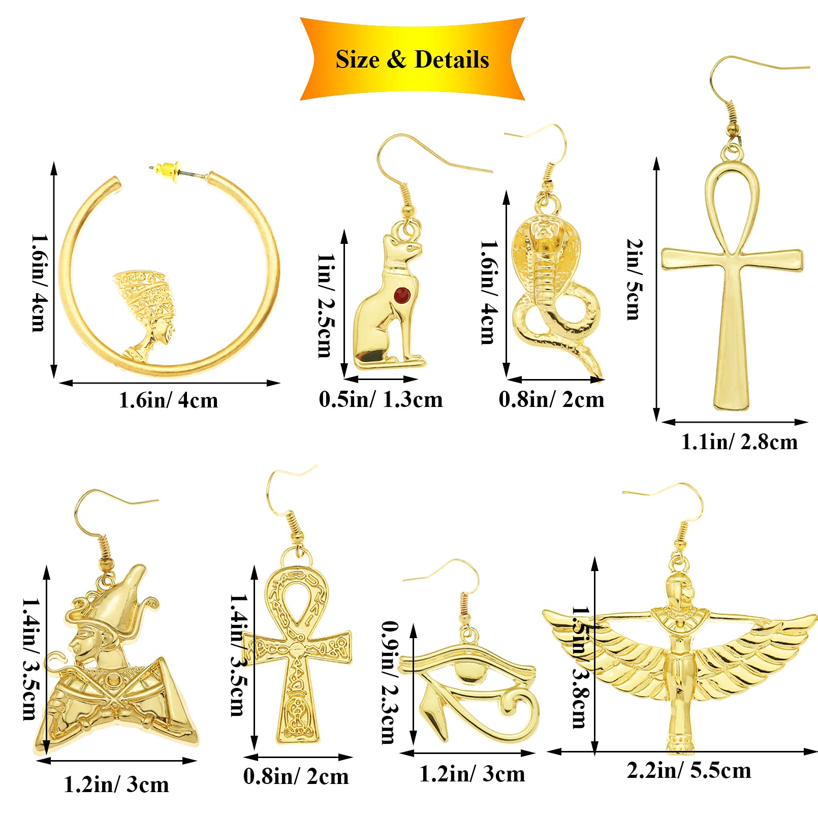 RechicGu 8 Pairs Women Egyptian Ancient Costume Dangle Set Earrings Cross Snake Hoop Studs Drop Vintage Jewelry Accessory Statement Polish Gold…