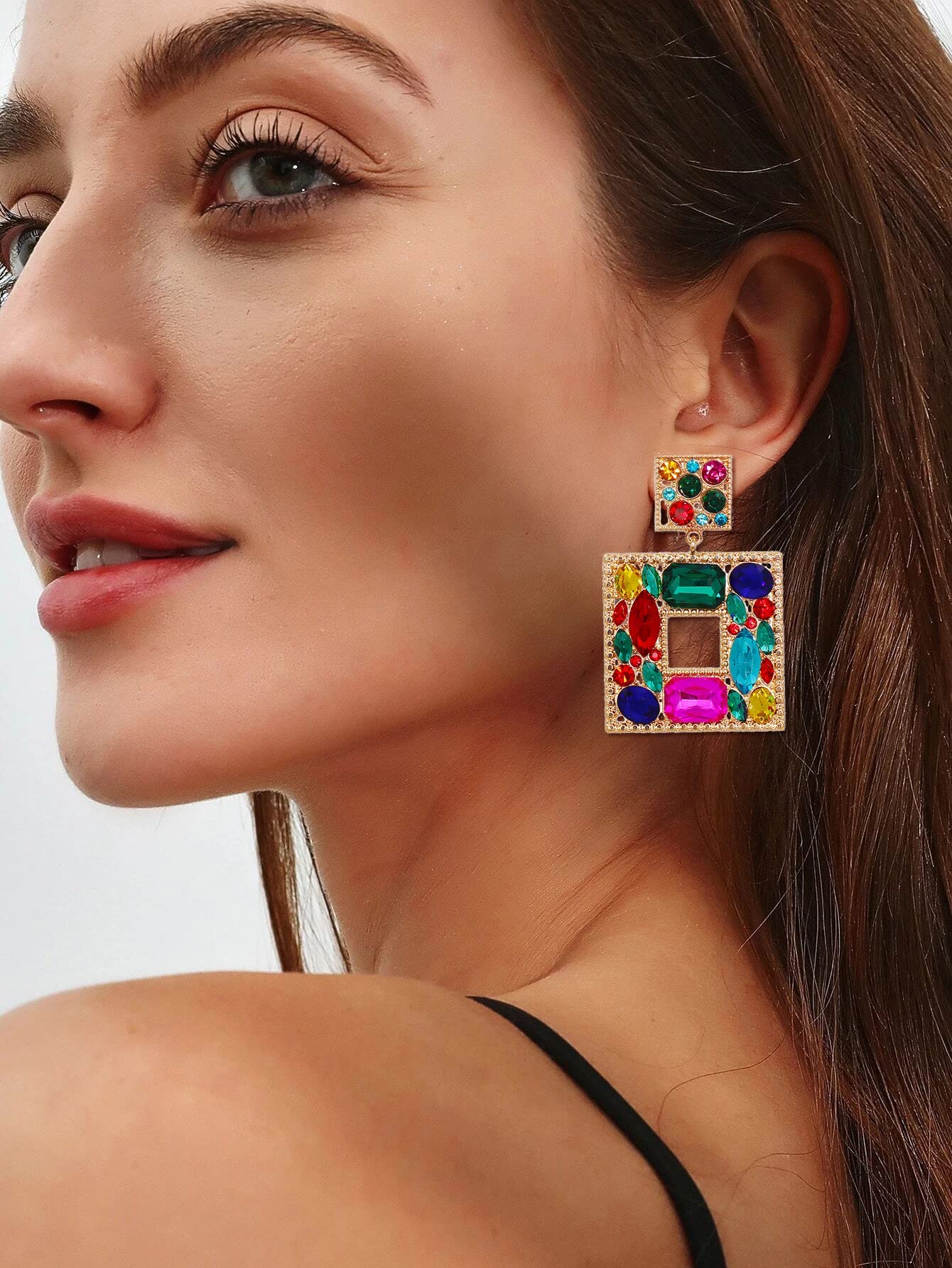Rhinestone Square Zinc Dangle Earrings For Women Sparkly Crystal Geometric Drop Statement Earrings Juran Green Collection (Multicolour)