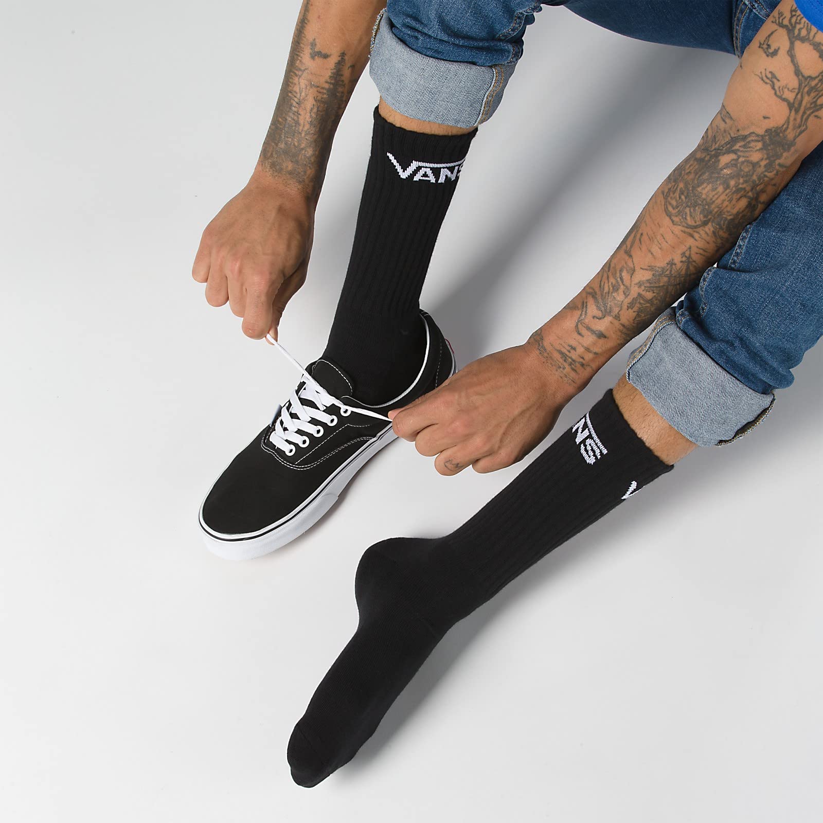 Vans Men's Classic Crew Socks (3 Pairs), Black/White/Checkerboard, Size 6.5-9