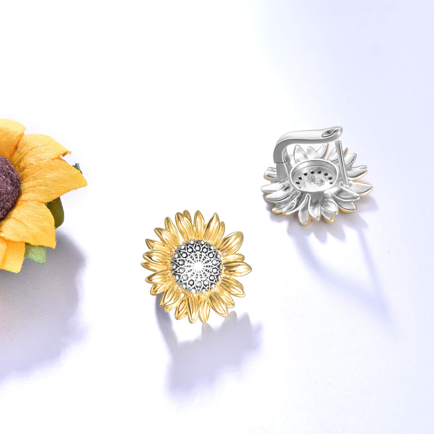 POPKIMI Sunflower Gold/Silver Plated Earrings for Women Sterling Silver Hoop Earrings Birthday Gift Jewelry Silver