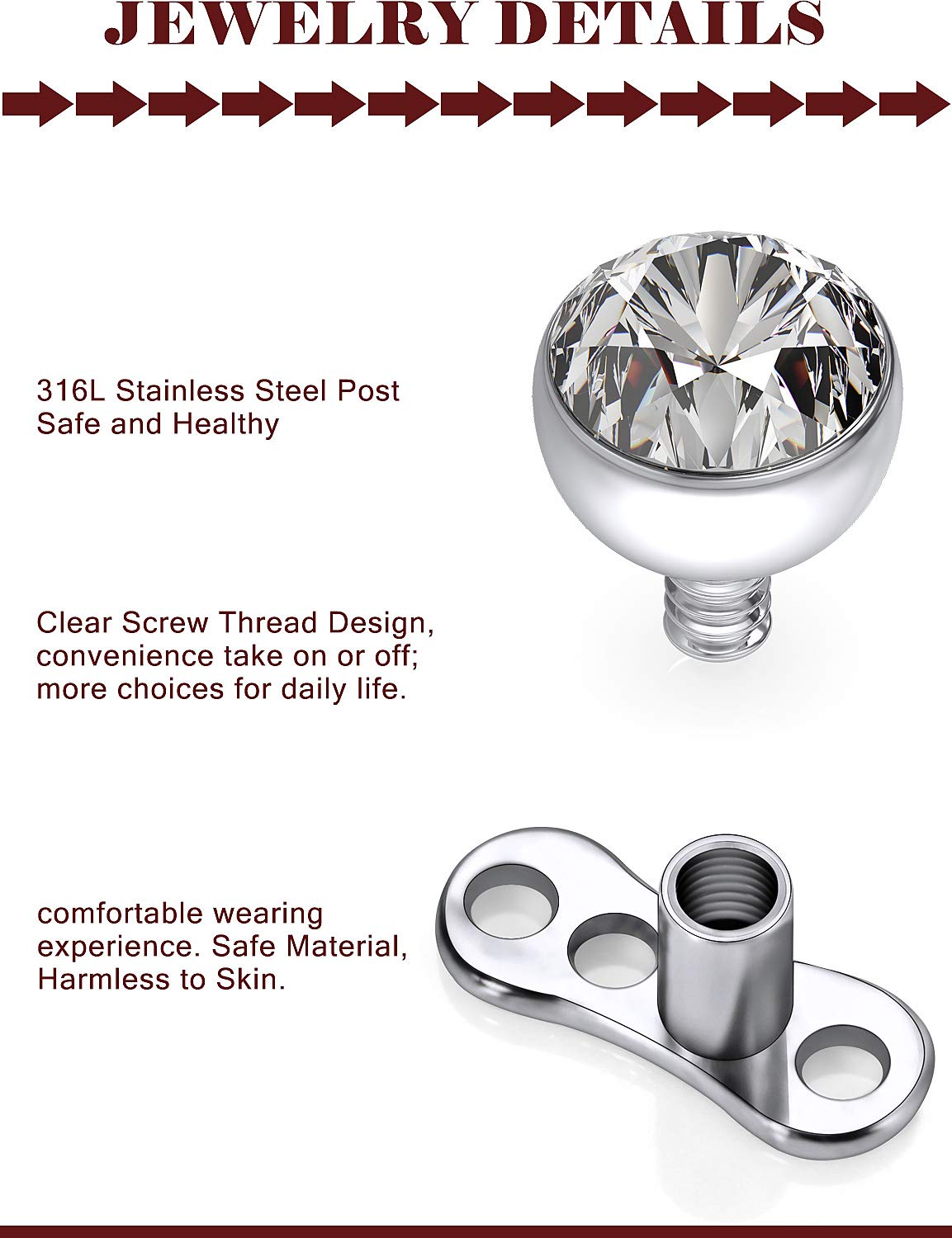 Prjndjw 14G Clear CZ Dermal Anchor Tops and Base Titanium Microdermals Piercing Body Piercing Jewelry for Women Men 2mm 3mm 4mm