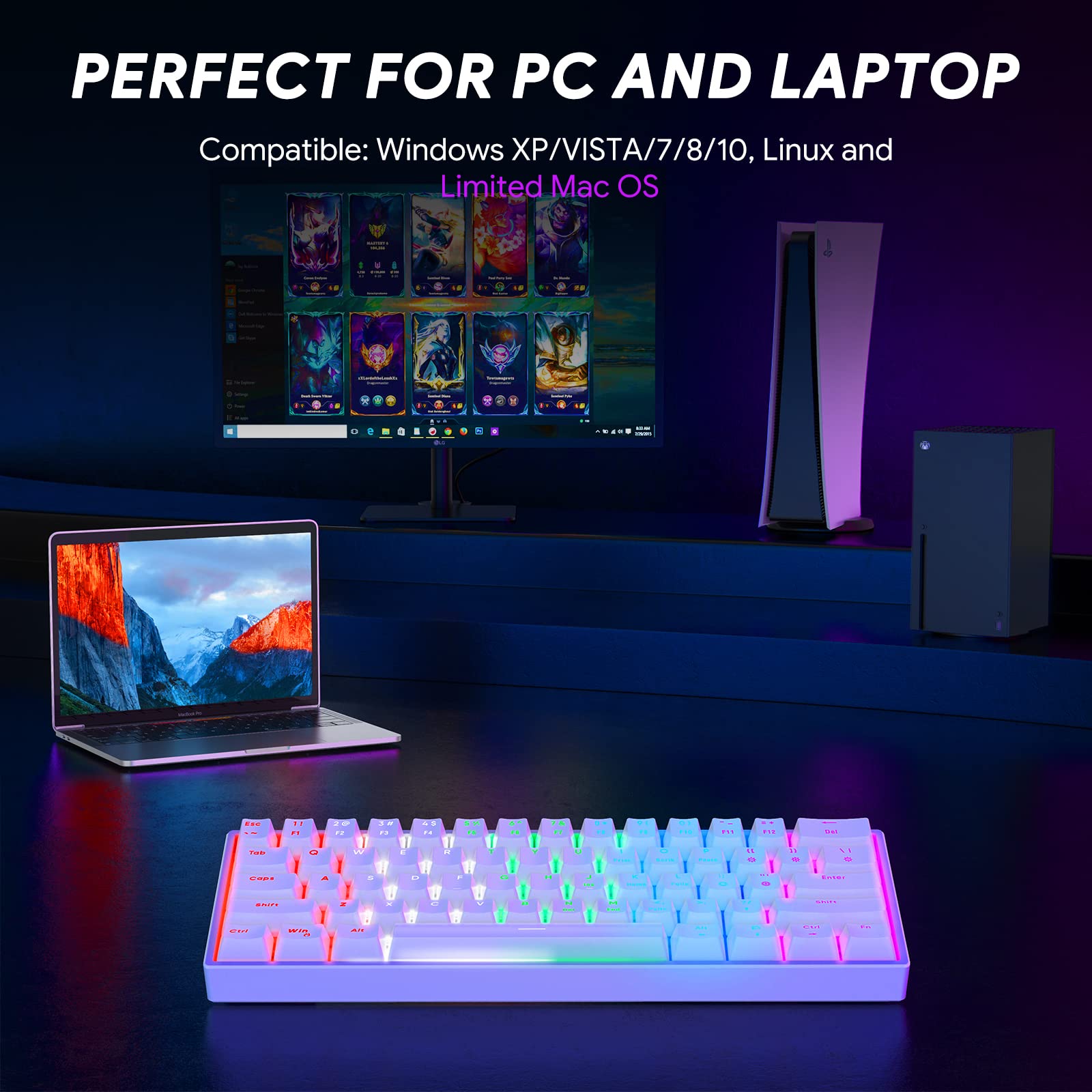 TECURS 60% Wired Mechanical Gaming Keyboard, LED Backlit 61 Keys Ultra-Compact Mechanical Keyboard Blue SwitchKeys for PC Windows
