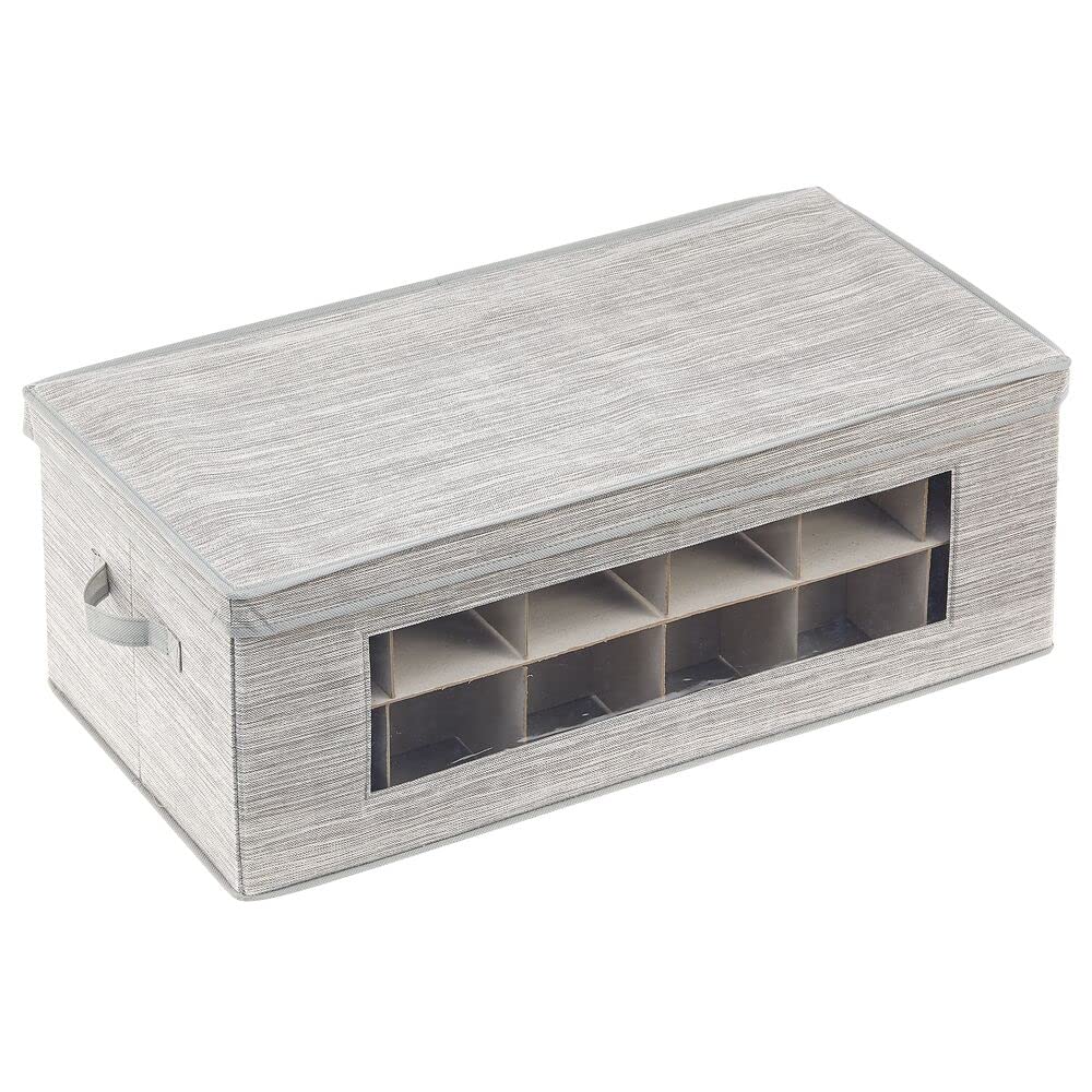 mDesign Large Fabric Storage Box with Lid, Dividers, Front Window - Stackable Storage Organization Containers for Holiday Decorations, Ornament, Wrapping Paper, Lights, Taupe Stripe