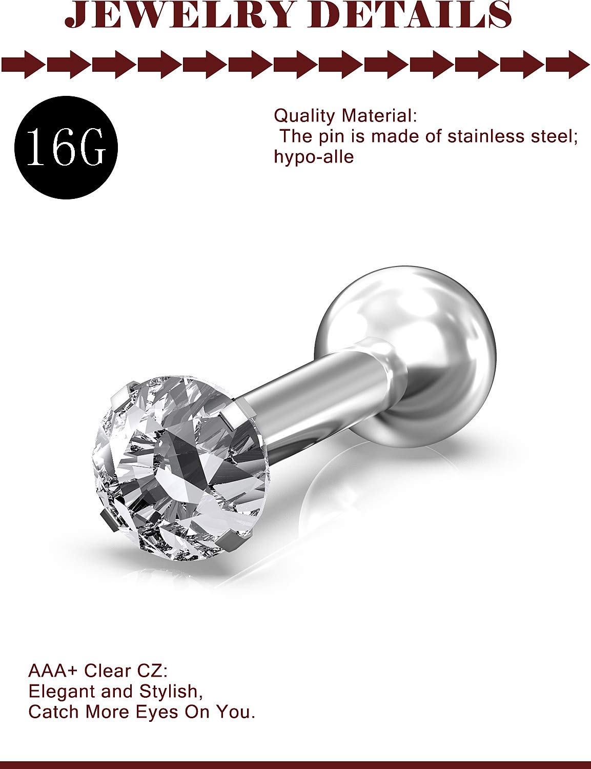 Prjndjw 16g Cartilage Earring Studs for Women Tragus Stud Earring Helix Piercing Jewelry Diamond Opal Surgical Stainless Steel Conch Forward Helix Tragus Daith Piercing Jewelry