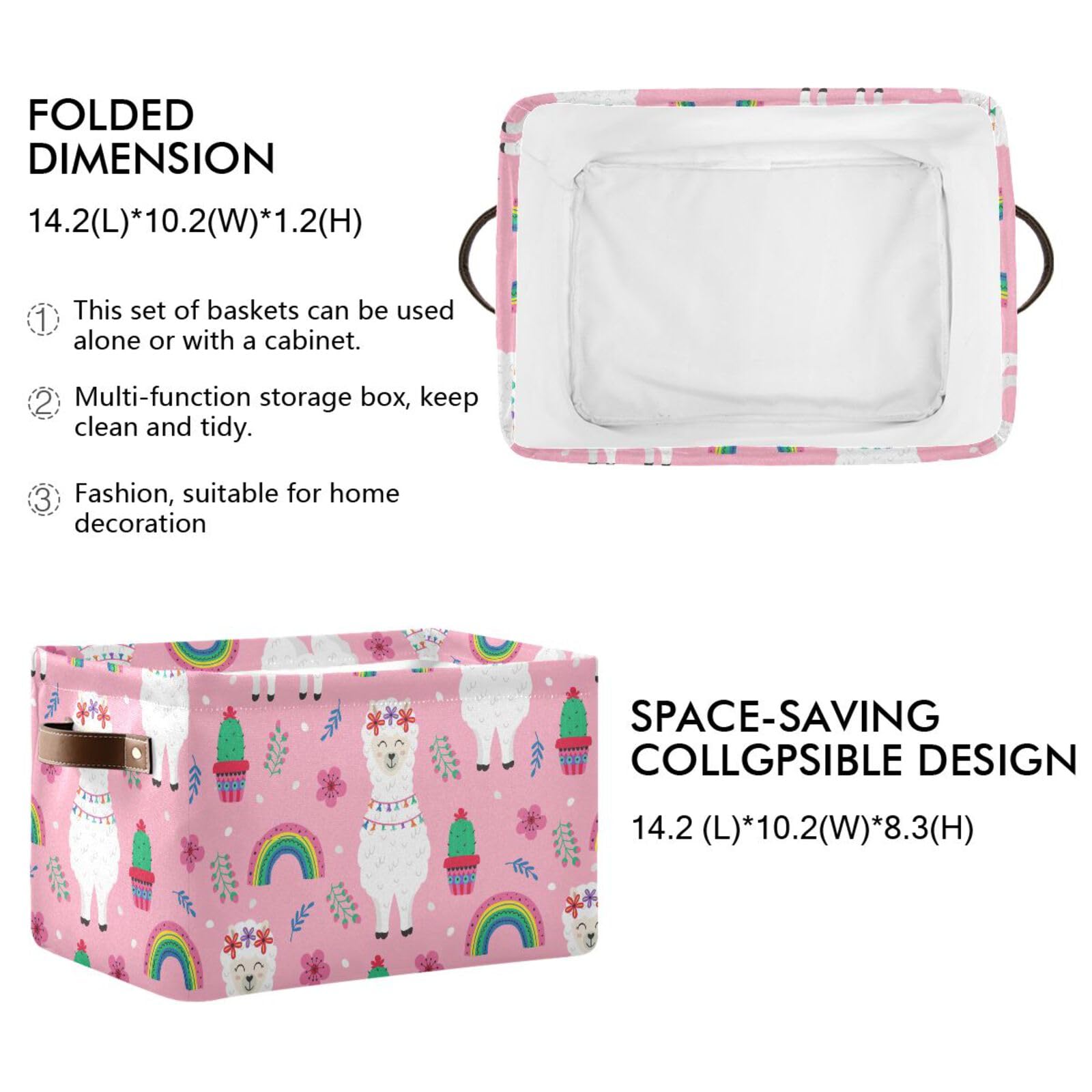 Pink Llama Rainbow Storage Basket Bins Foldable Laundry Hamper Toy Storage Bins Box Organizer for Playroom Living Bed Room Office Clothes Nursery,1 pcs