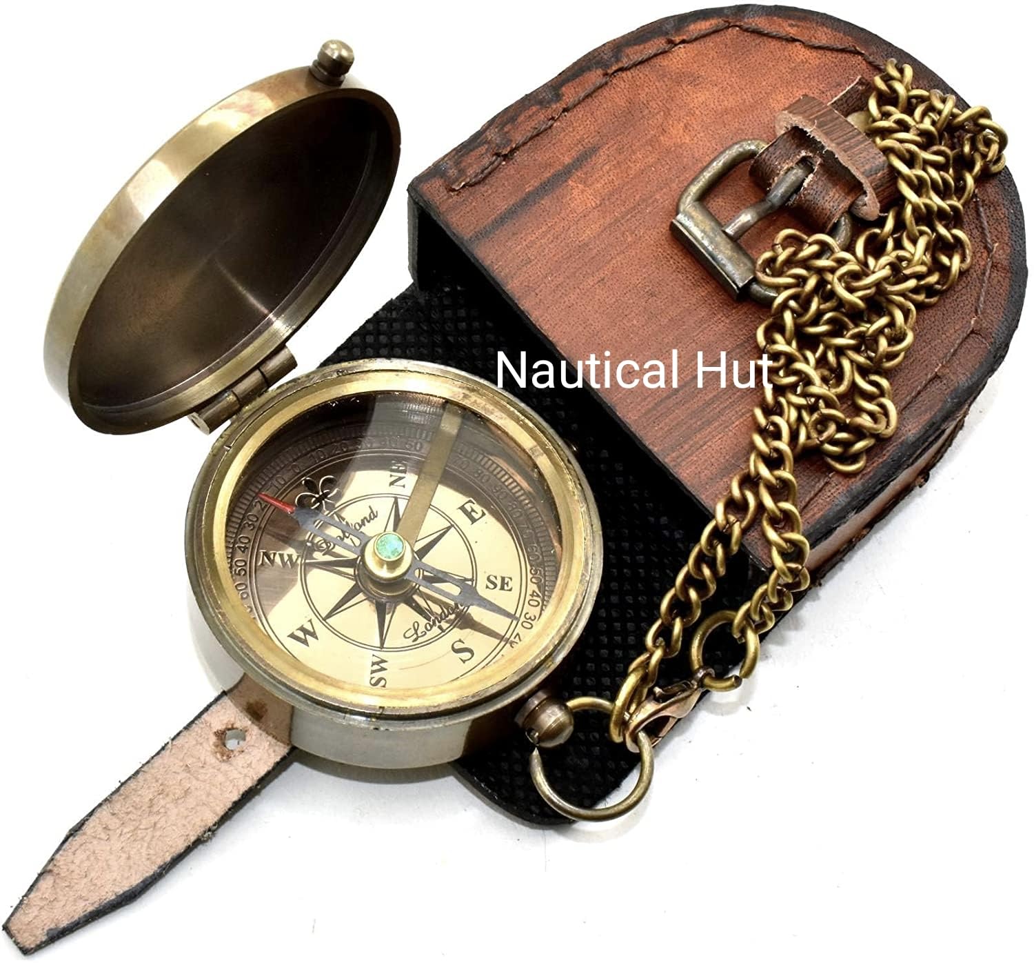 Nautical Hut Compass Your Tommy Your Tubbo Brass Pocket Compass with Leather Carry Case, Compass with Chain, Pirates Compass, Engravable Gift Compass, Camping Compass