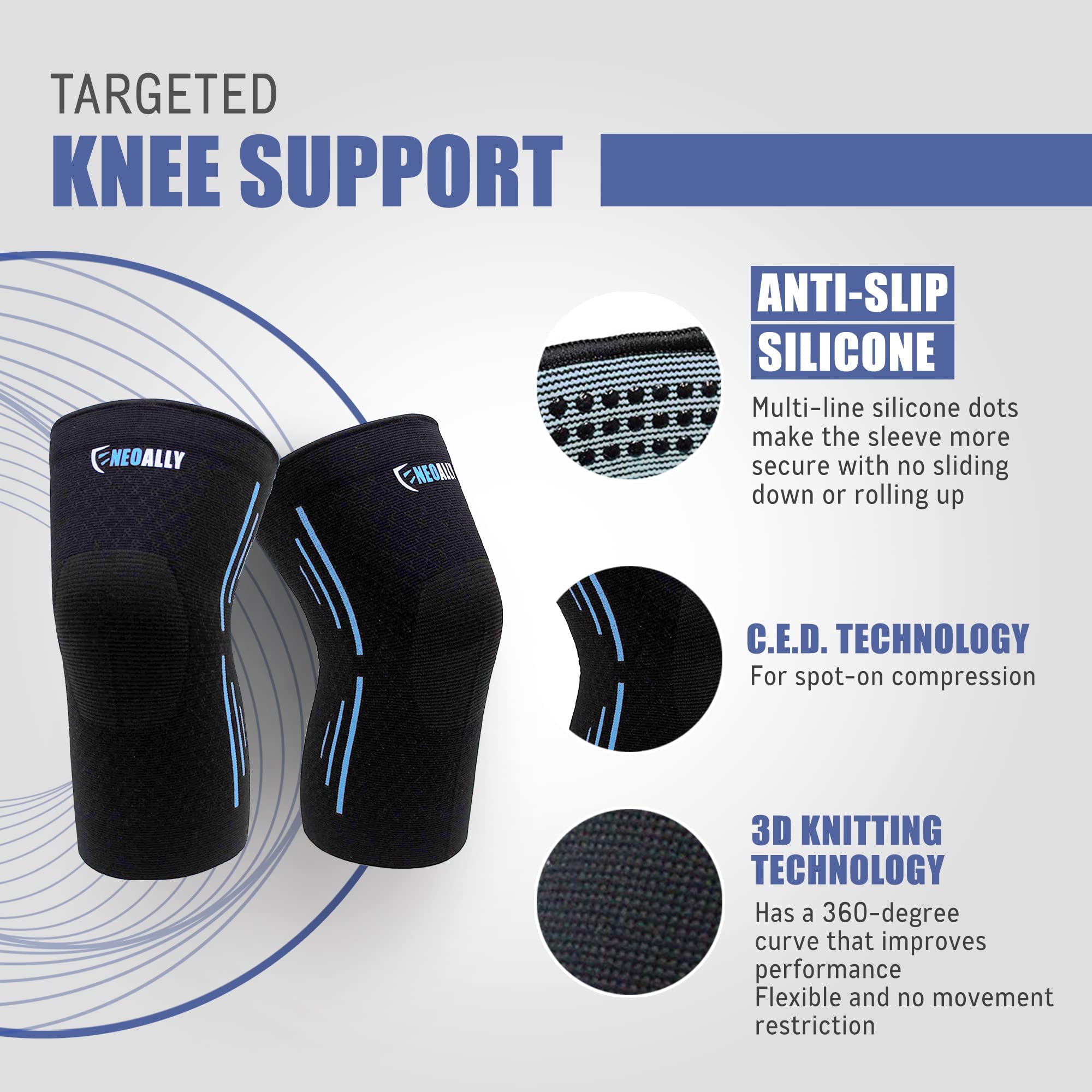 NeoAlly® - Compression Knee Sleeve for Knee Pain, Non-Slip Athletic Knee Compression Sleeve Men and Women, Breathable Consistent Knee Support, Black & Blue, Medium