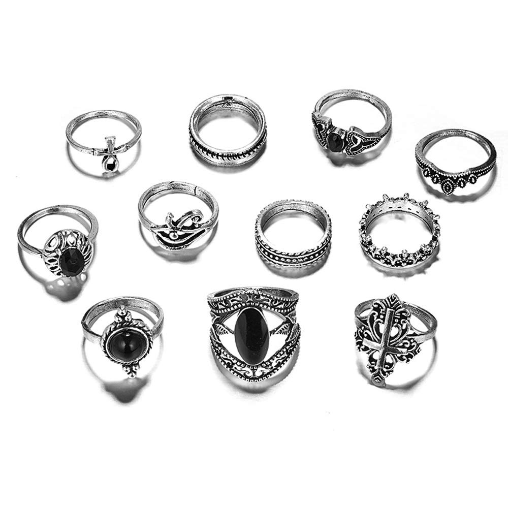 Missgrace Bohemian Retro Vintage Crystal Knuckle Ring Sets Simple Finger Black Stone Rings Midi Ring Set for Women 11Pcs (Style 5)