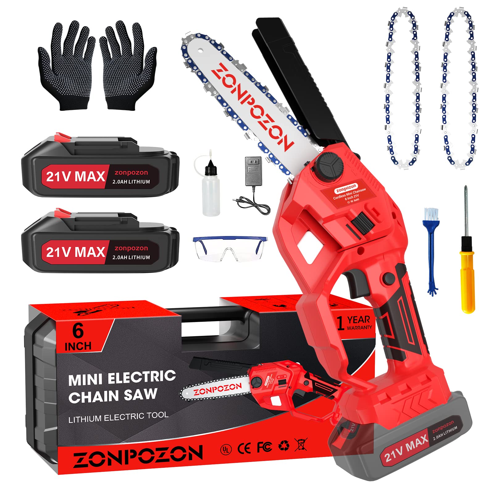 Mini Chainsaw Cordless 6-Inch With 2 Battery, 2023 Upgraded Brushless Motor, 21V Rechargeable Battery, Power Chainsaw With Safety Lock, Handheld Mini Chainsaw, For Tree Trimming Wood Cutting