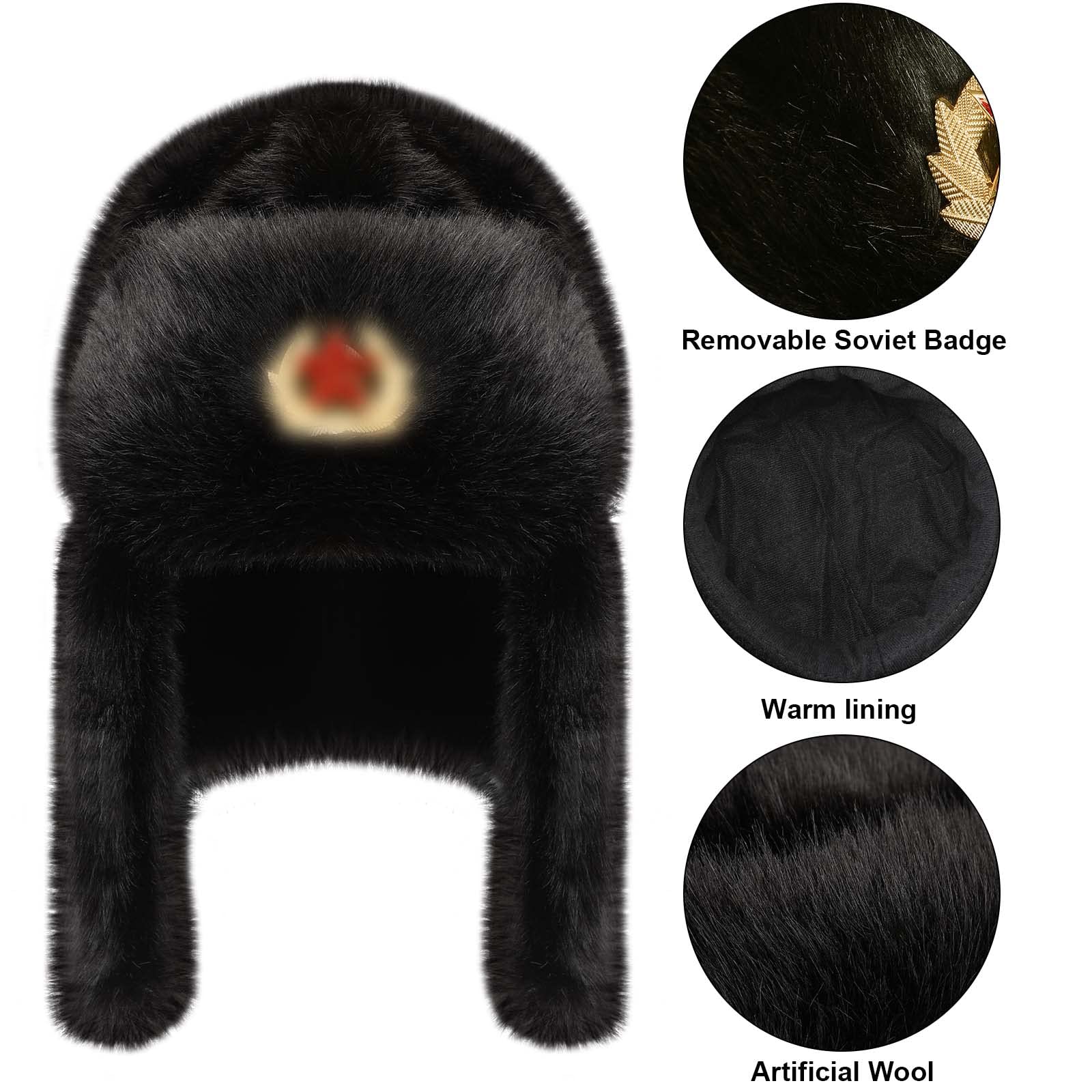 SATINIOR 2 Pieces Russian Hat Ushanka Hat Faux Fur Cap Cossack Trapper Hat Black Beanie Flaps Hat with Badge for Men