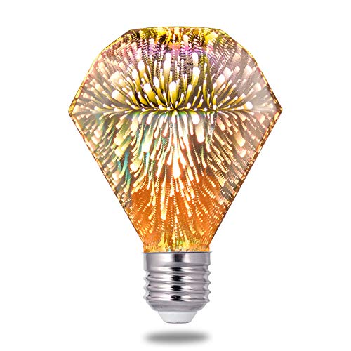 Porseme 3D Fireworks Decorative Light Bulb, E26 Base, 4W, AC100-240V, Glass Bulbs with Soft Warm Light, Shiny Decor for Home, Bedroom, Party (Included 1-Pack Diamond Bulbs)