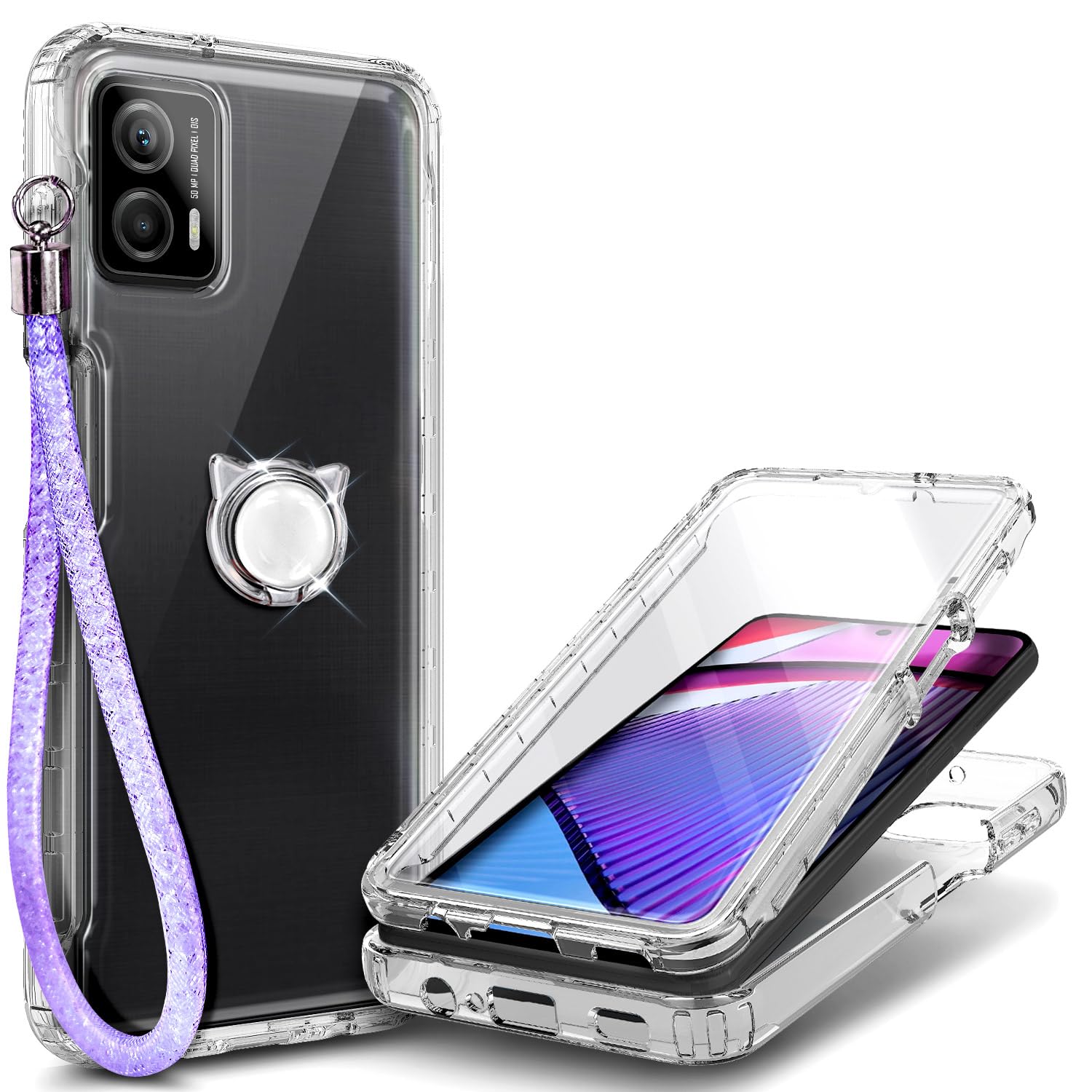NGB Supremacy Case for Motorola Moto G 5G (2023)/Power 5G (2023), Full Body Protection with [Built-in Screen Protector] Ring Holder/Wrist Strap, Shockproof Bumper Cover (Clear)