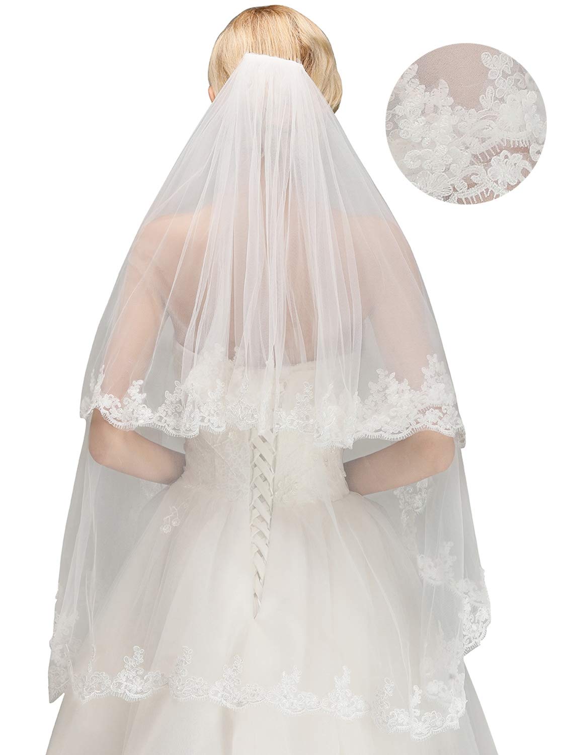 MisShow Women's Bridal Tulle Veils with Comb Lace Edge Wedding Veils for Bride,White