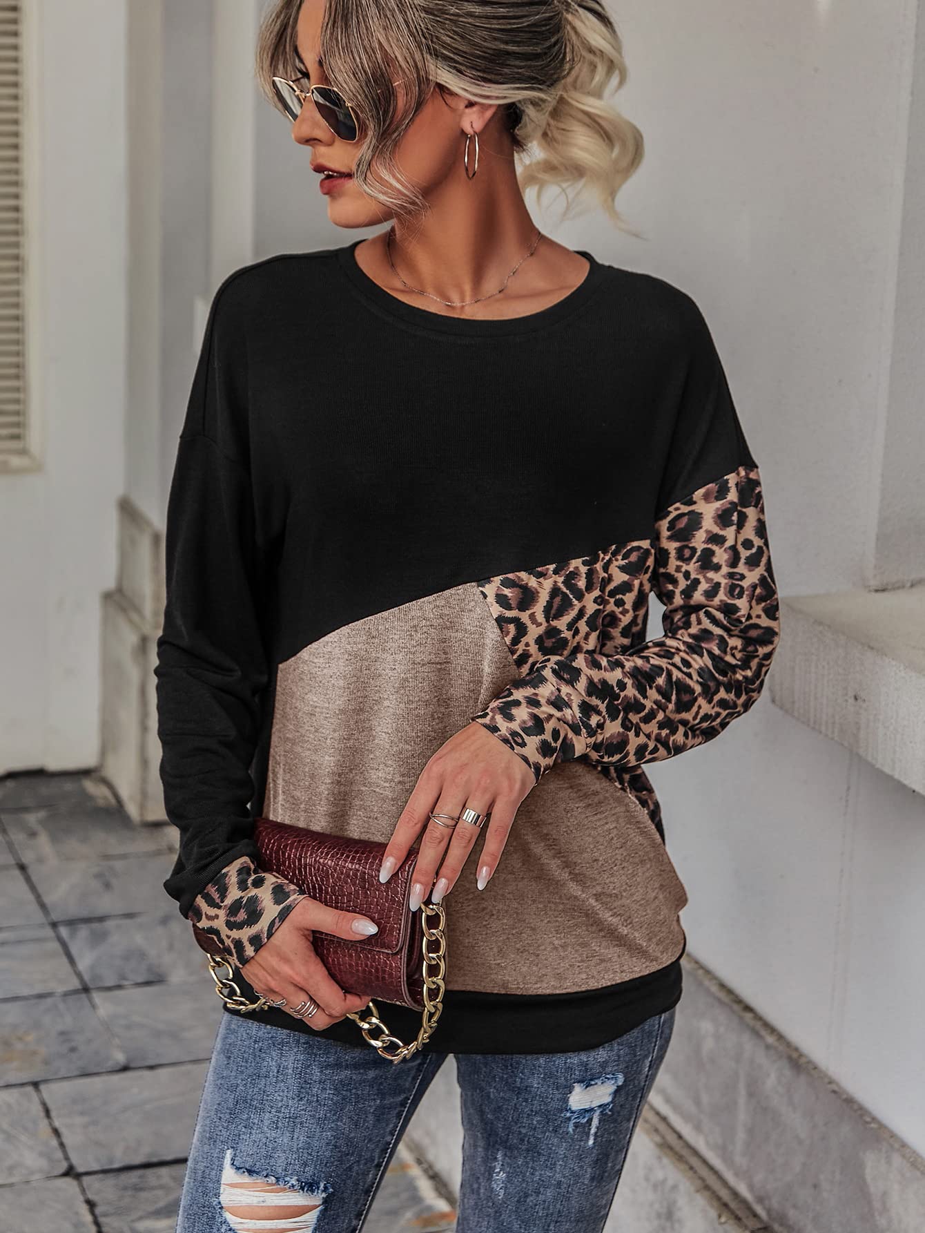 SOLY HUX Women's Casual Long Sleeve Color Block Leopard Print T Shirts Light Multicoloured S