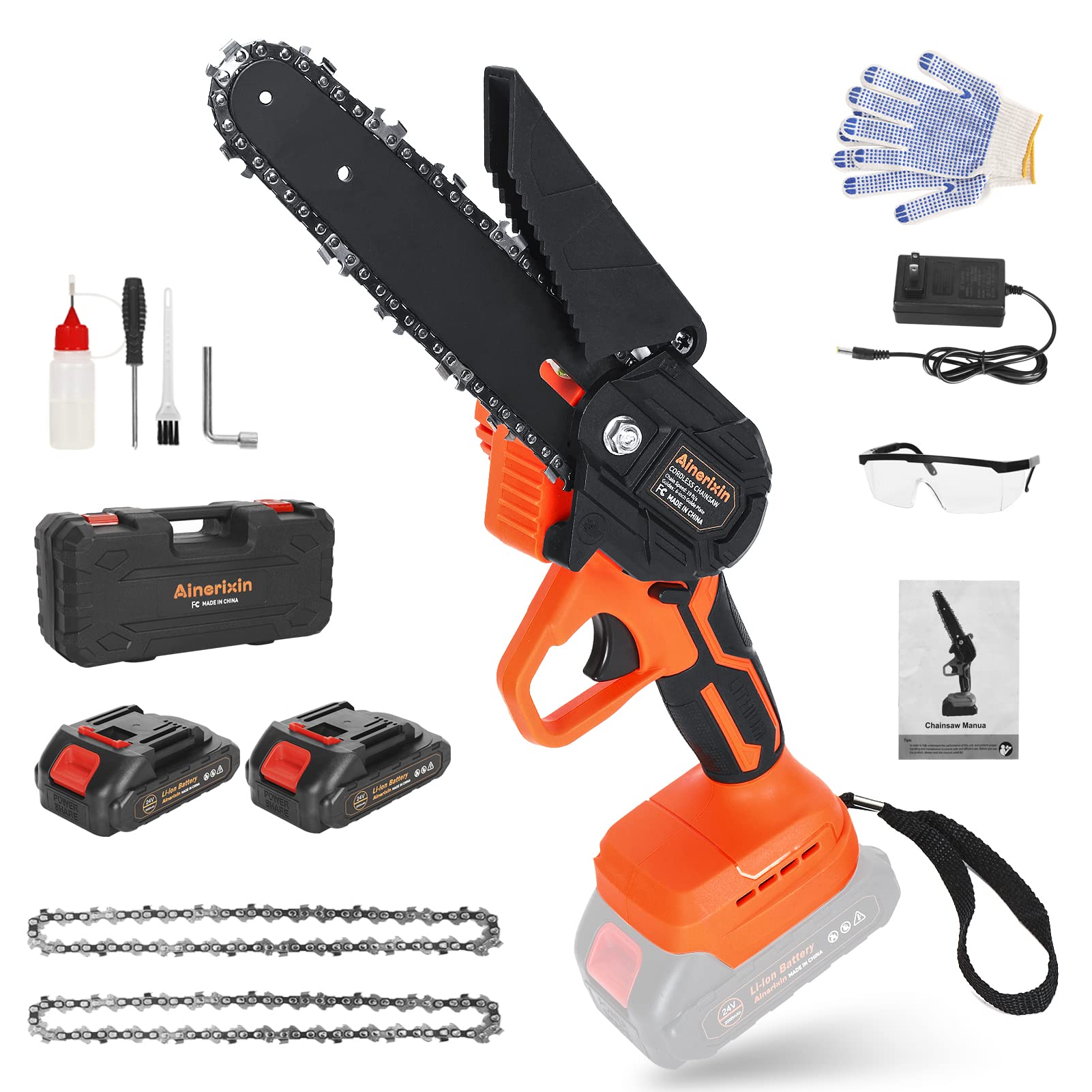 Mini Chainsaw,【UPGRADE 2022】Ainerixin 6-Inch Brushless electric Chainsaw with 2Pcs 24V 2.0Ah Batteries, 1.8Lb One-Hand Handheld battery chainsaw for Tree Trimming and Branch Pruning Wood Cutting