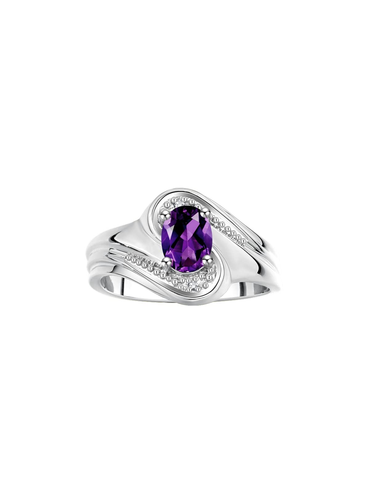 Rylos Rings for Women Silver Swirl Ring with 7X5MM Oval Gemstone & Diamond Ring February Amethyst Jewelry Size 10
