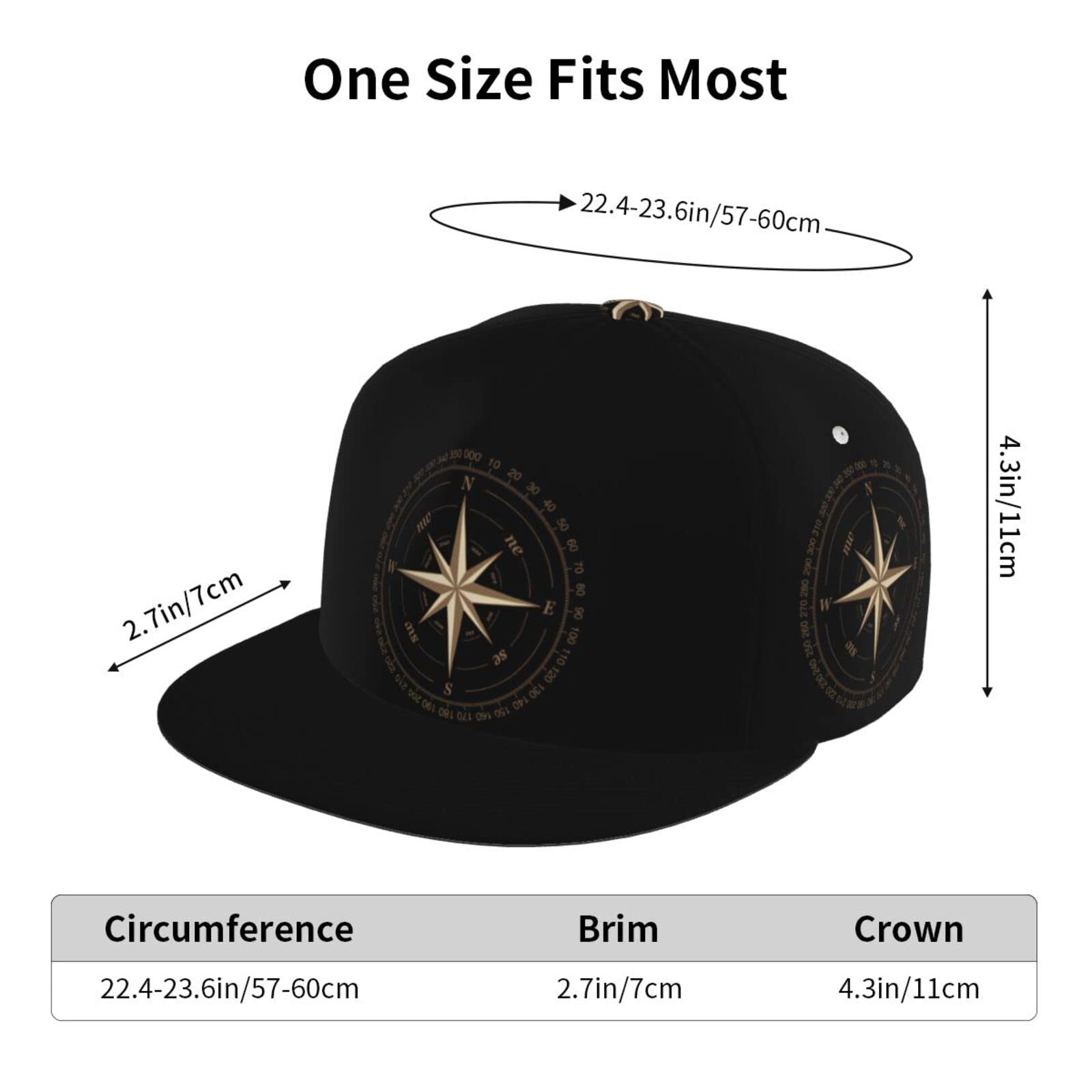 Quzioxe Compass Rose Black Flat Bill Brim Cap Hip Hop Hat Baseball Cap for Men Women Adjustable Square Flat Visor Back Trucker Snapback Hat