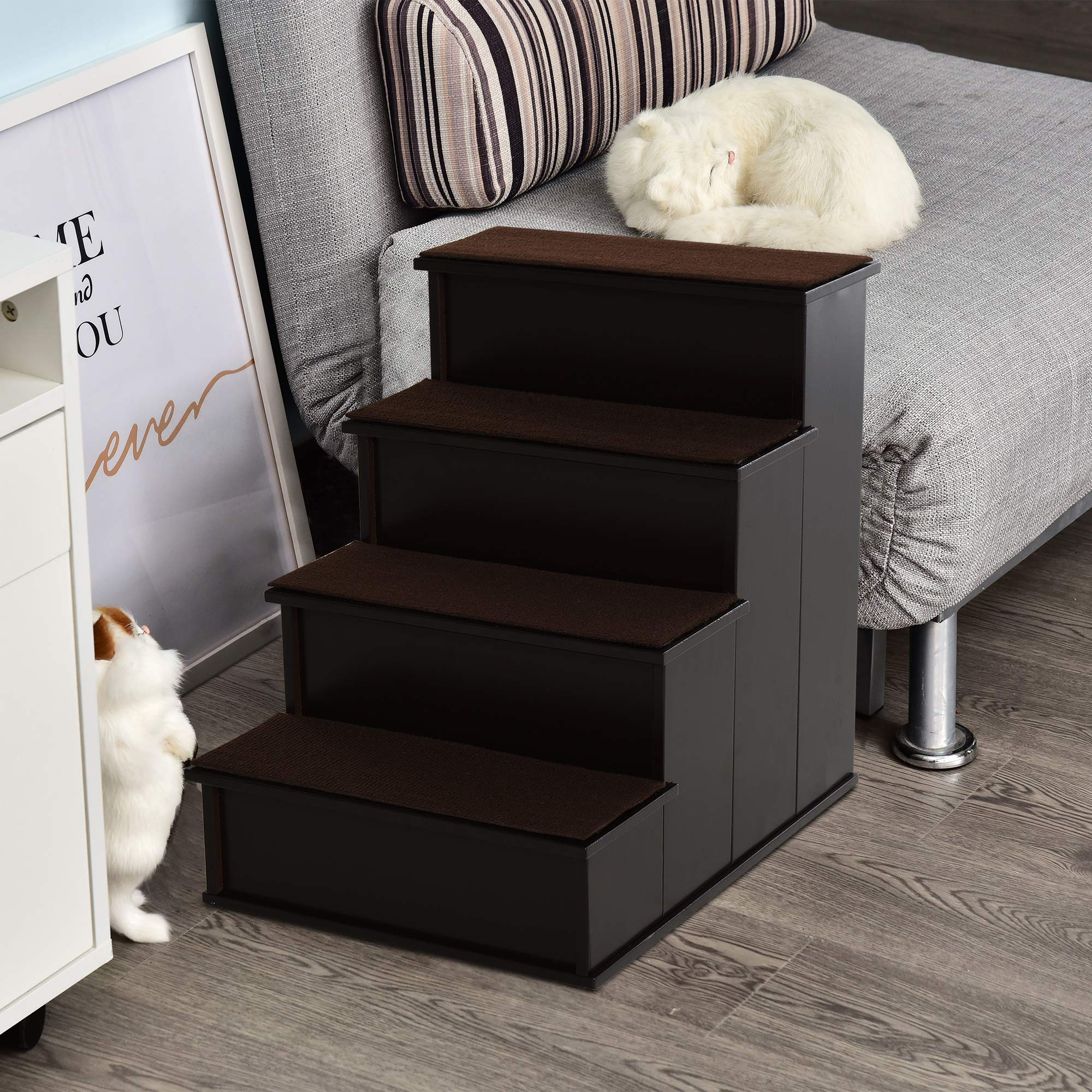 PawHut Pet Stairs, Small Pet Steps with Cushioned Removable Covering for Dogs and Cats Up to 22 Lbs., Brown