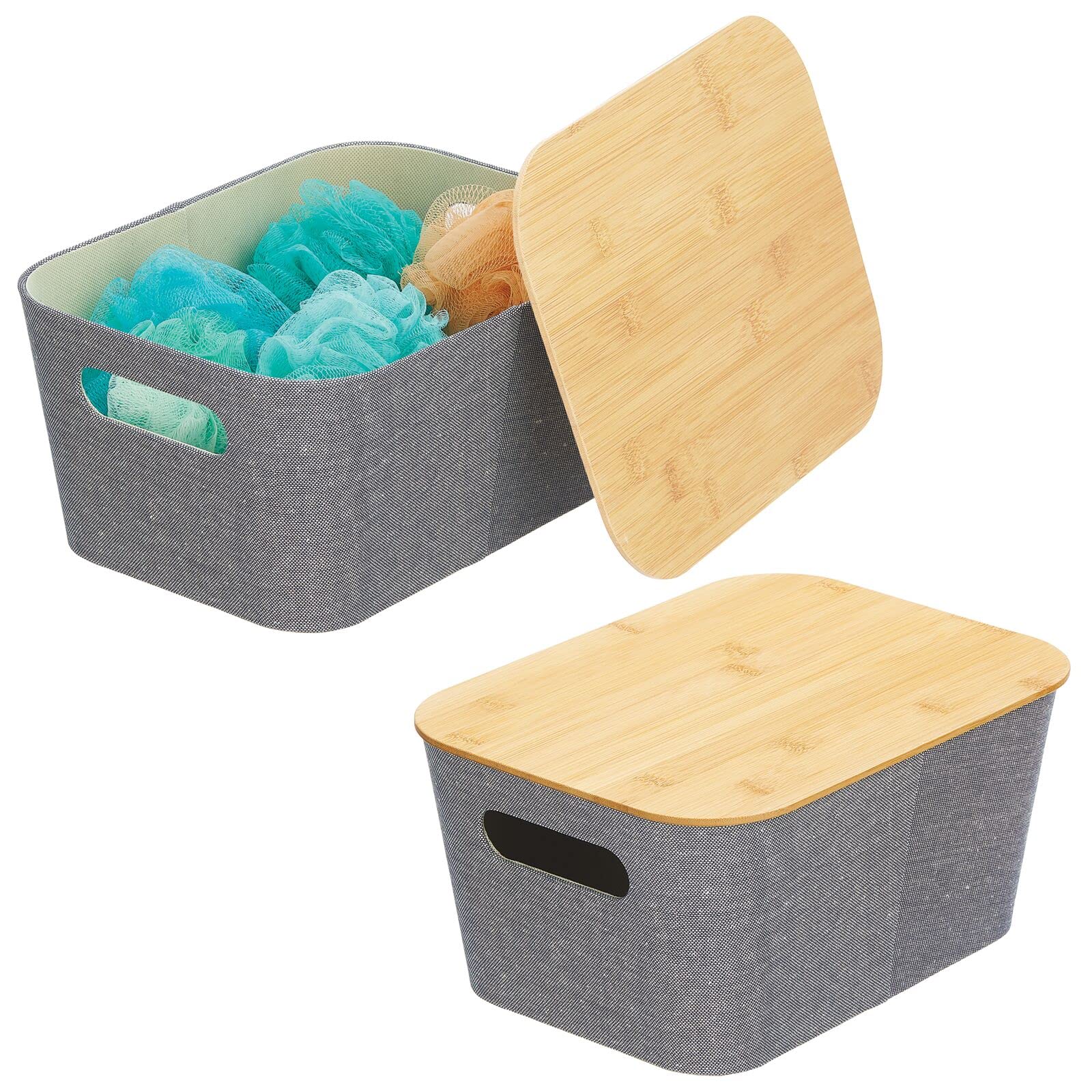 mDesign Modern Fabric Covered Basket with Lid, Stacking Decorative Storage Bin Box with Bamboo Cover for Closet, Living Room, Kitchen, Office Shelf, Holders for Clothing/Accessories, 4 Pack, Navy Blue