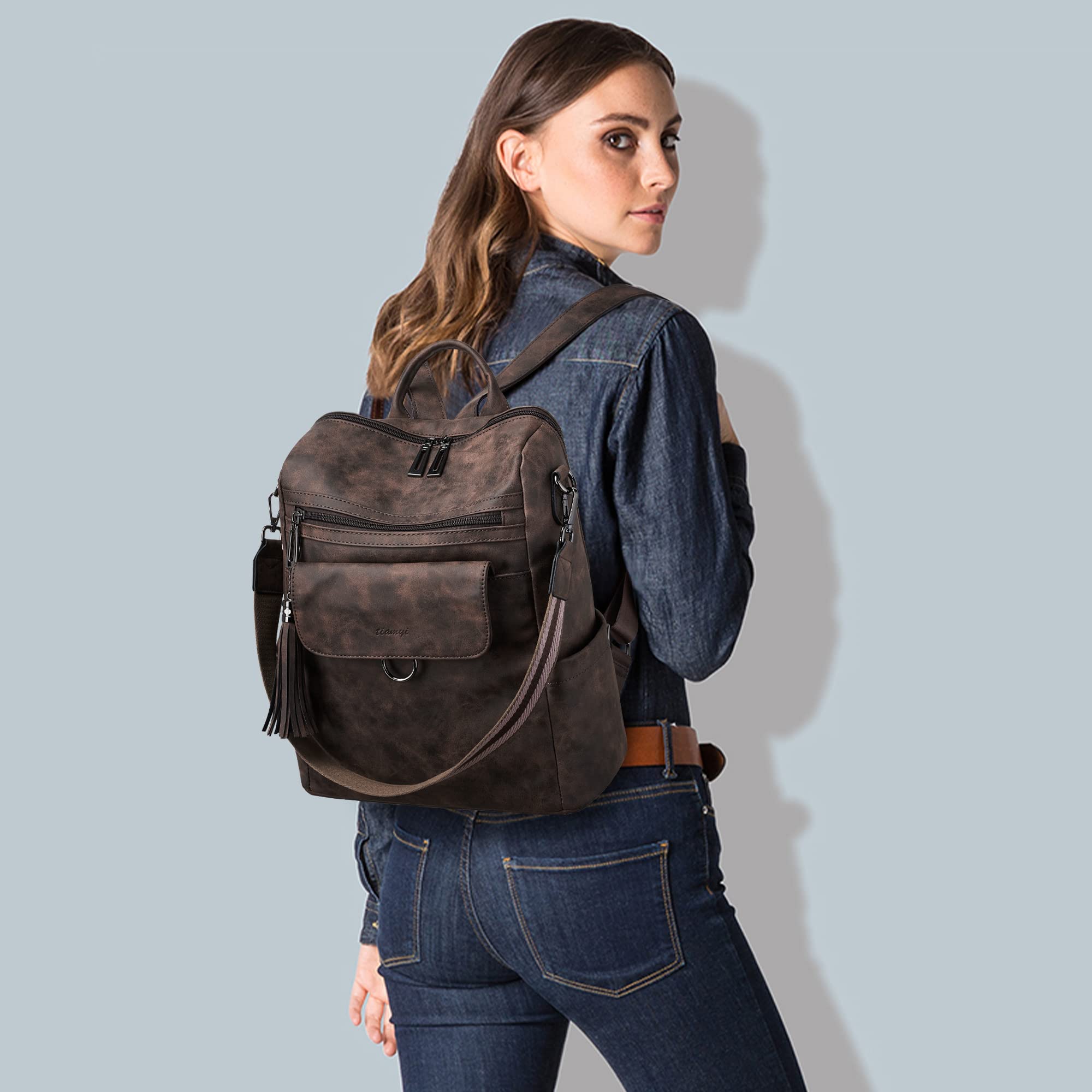 tiamyi Leather Backpack for Women, Backpack Purse for Women Fashion Convertible Shoulder Bags Daypack (1-2 coffee)