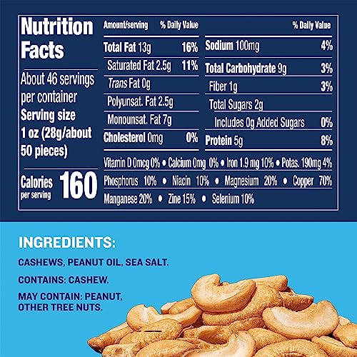 PLANTERS Salted Cashew Halves & Pieces, Party Snacks, Plant-Based Protein, 2 Lb 14 Oz Canister