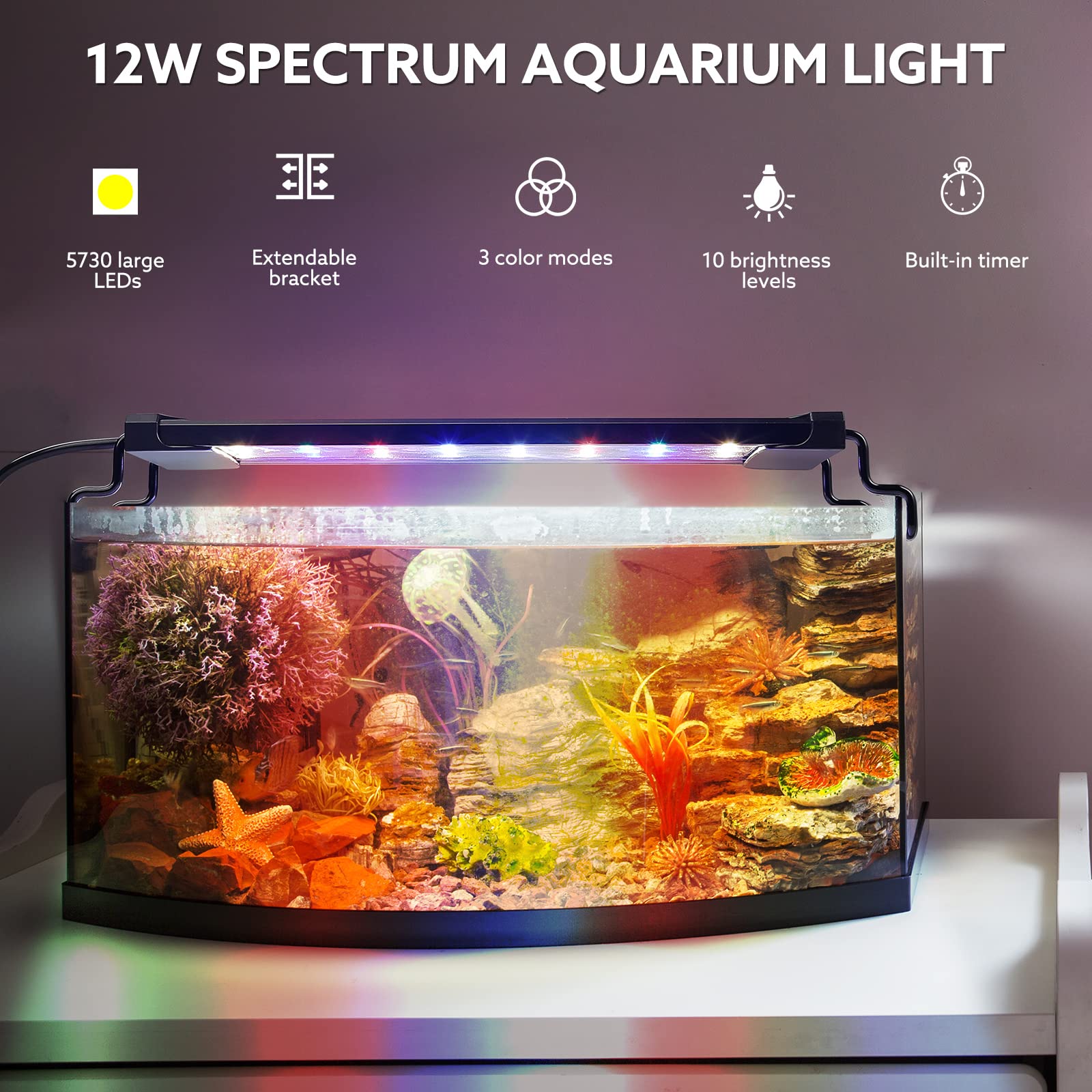 Riiai 12W Aquarium Light, LED Planted Fish Tank Light with Extendable Brackets for Freshwater Saltwater Tank 12-20 Inch, Aluminum Shell 4 Color Model Built-in Timer