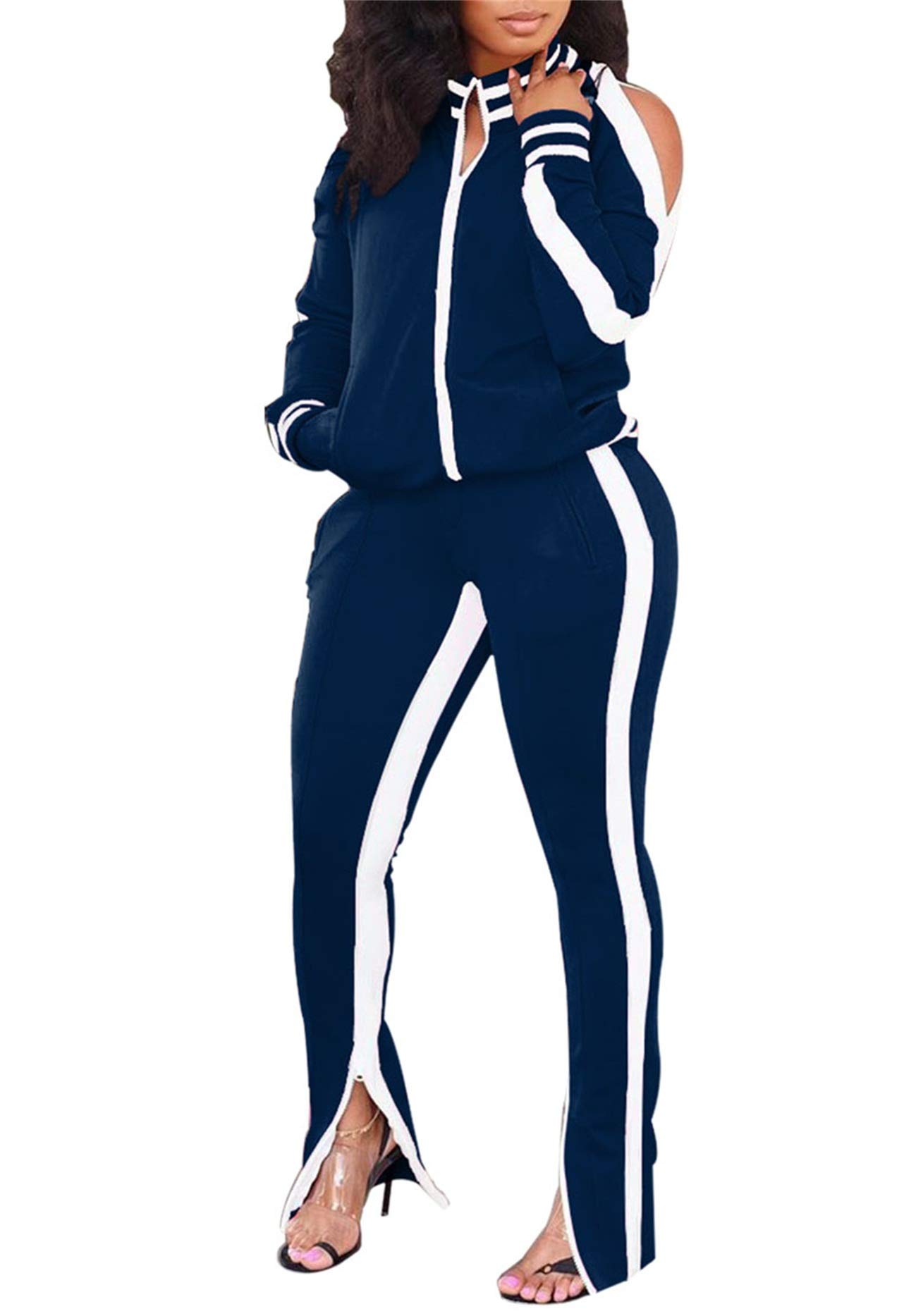 Nhicdns Womens 2 piece Outfits Long Sleeve Jogging Suits Cold Shoulder Tracksuit Set
