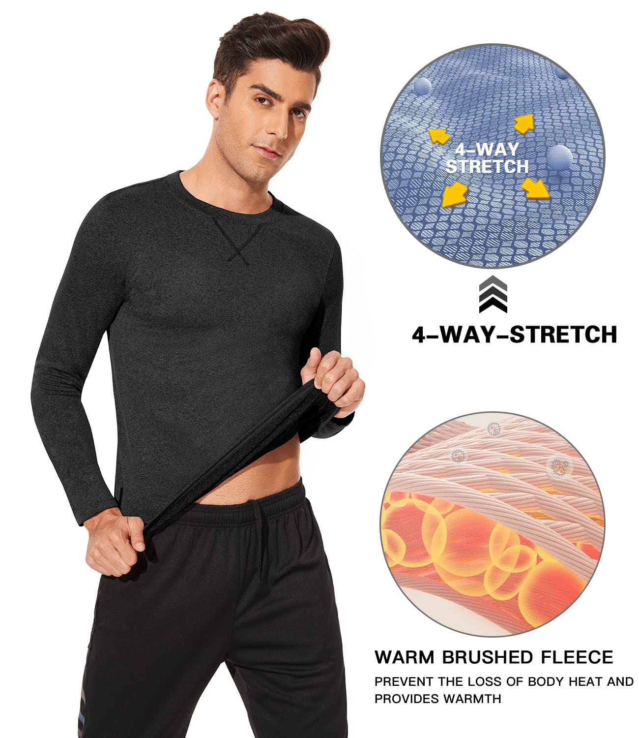 Soneven Long Sleeve Thermal Fleece Shirts for Men Athletic Running Shirt Crewneck Pullover Tops Undershirt(Deep Grey, XX-Large)