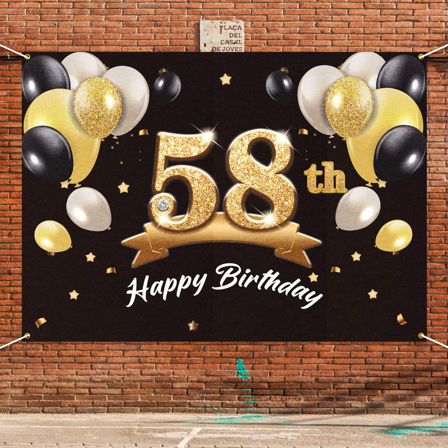 PAKBOOM Happy 58th Birthday Banner Backdrop - 58 Birthday Party Decorations Supplies for Men - Black Gold 4 x 6ft