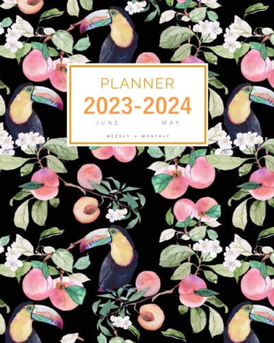 Planner 2023-2024: 8x10 Weekly and Monthly Organizer Large from June 2023 to May 2024 | Vintage Rose Wildflower Berry Design Black