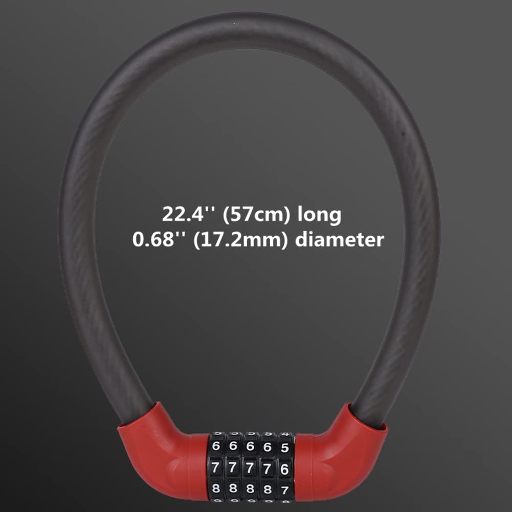 YUNNUO Bike Lock Portable Combination Bike Lock Cable 5 Digit Resettable Combination Cable Lock for Bicycle 22inch (Red)