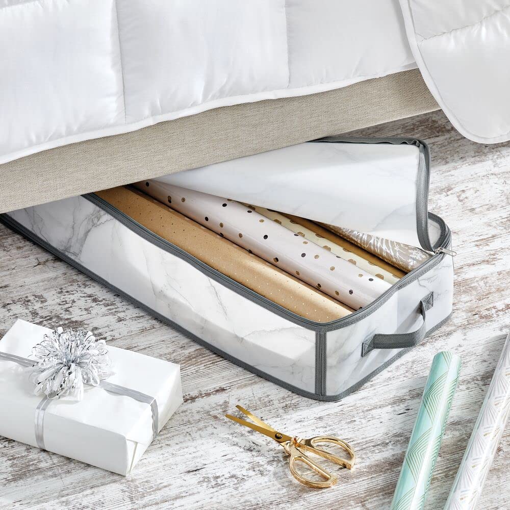 mDesign Plastic Closet Storage Organizer Zipper Bag with Pull Handle; for Bedroom, Hallway, Entryway, Nursery, Closets, Clothes, Toys, Blankets, Linens, 2 Pack - Marble