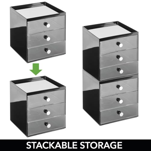 mDesign Plastic 3-Drawer Organizer for Makeup Storage - 3-Tier Storage Organizer - Stackable Organization with Pull-Out Drawers for Bathroom, Vanity, or Desk - Lumiere Collection, White/Clear