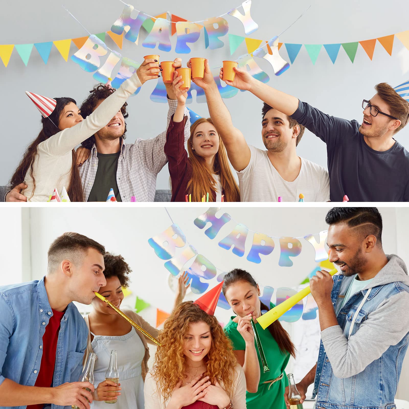 RUBFAC Pre-Strung Iridescent Happy Birthday Banner- NO DIY - Shiny Happy Birthday Banner Sign, Changeable Garland Bunting Banner for Birthday Party Decorations