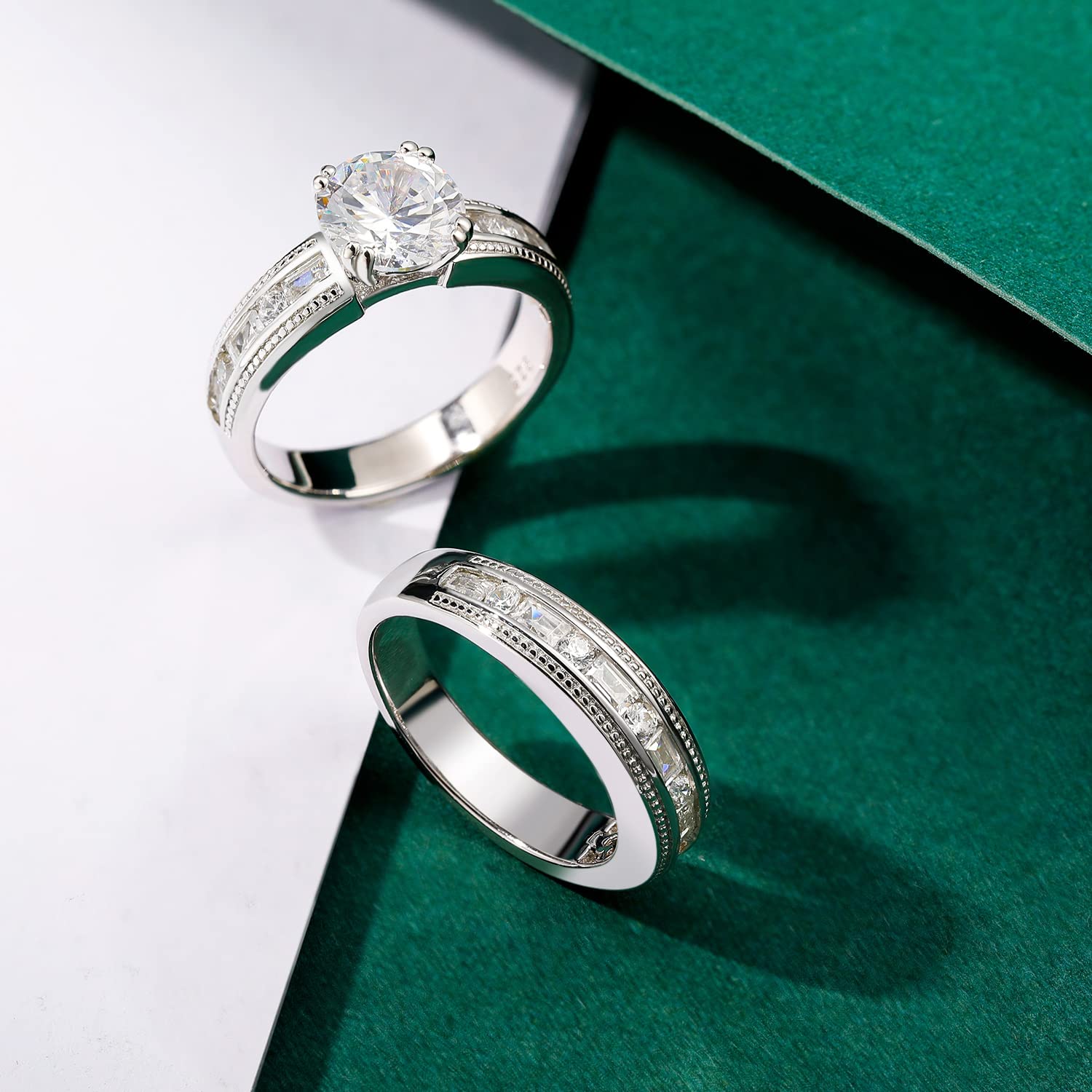 TIKJE Two-in-One Wedding Bands Set Sterling Silver Engagement Rings Set S925 Bridal Promise Ring Bulky Eternity Band for Women 2 pc Size 8