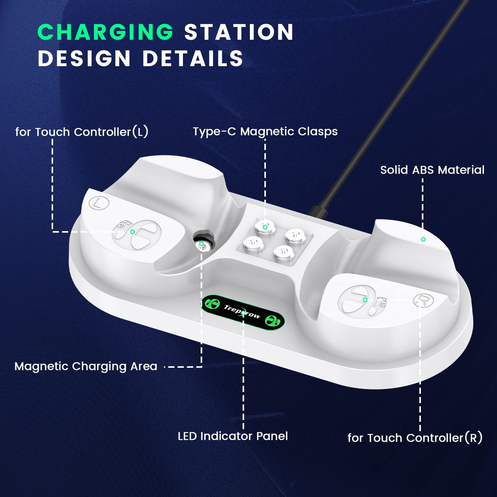 Trepcrow Charging Station for Playstation VR2 Sense Controller - Charging Dock with 4 Type-C Magnetic Clasp/Type-C Cable Desk Charger Stand Compatible with PS VR2 Controller [LED Indicator], White