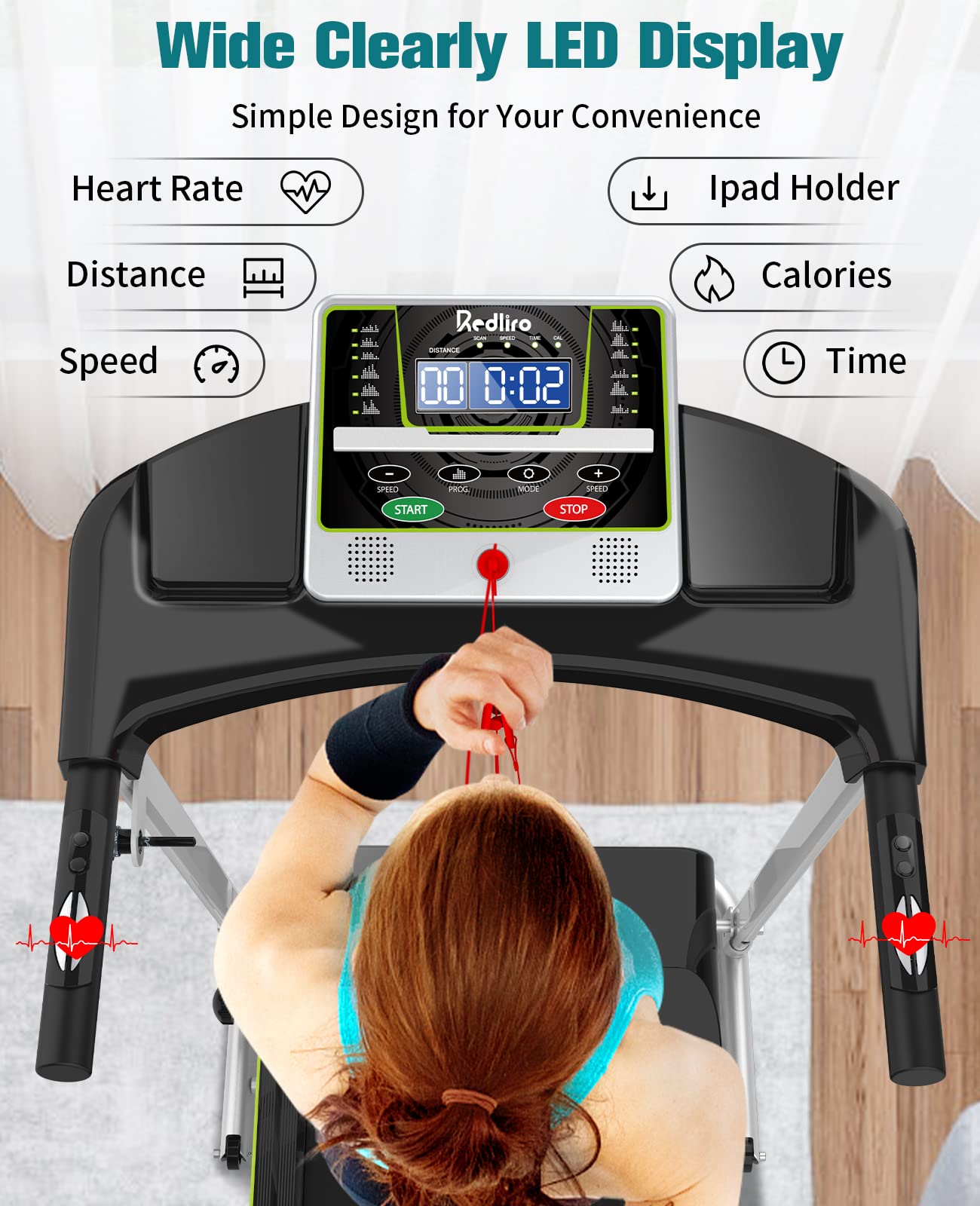 REDLIRO Foldable Treadmill with Incline, Portable Run Walking Folding Compact Exercise Machine with 12 Preset Program, LED Display, Easy Assembly for Small Space Fitness Electric Workout for Home