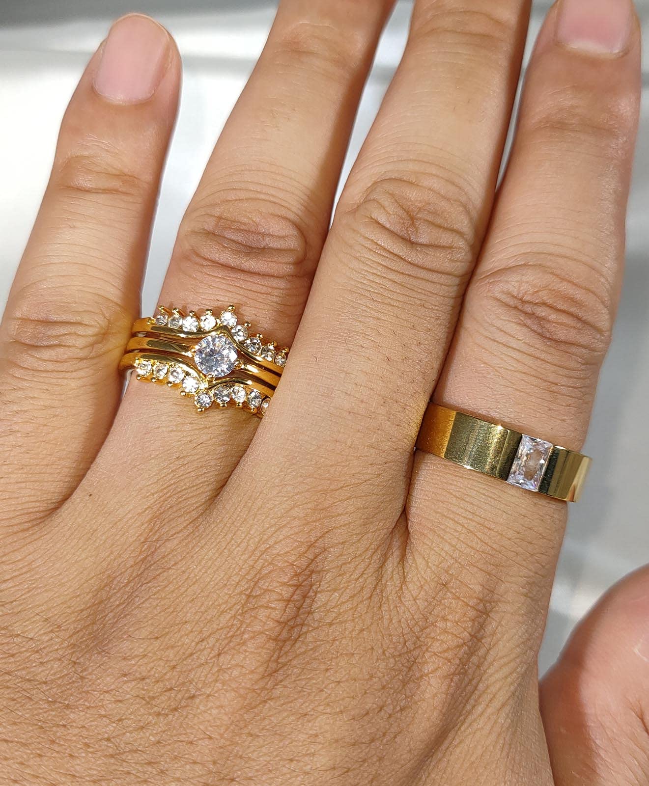 ringheart 2 Rings Couple Rings Three stone Yellow Gold Plated Cz Womens 3pcs Wedding Ring Sets Titanium Steel Men Wedding Bands