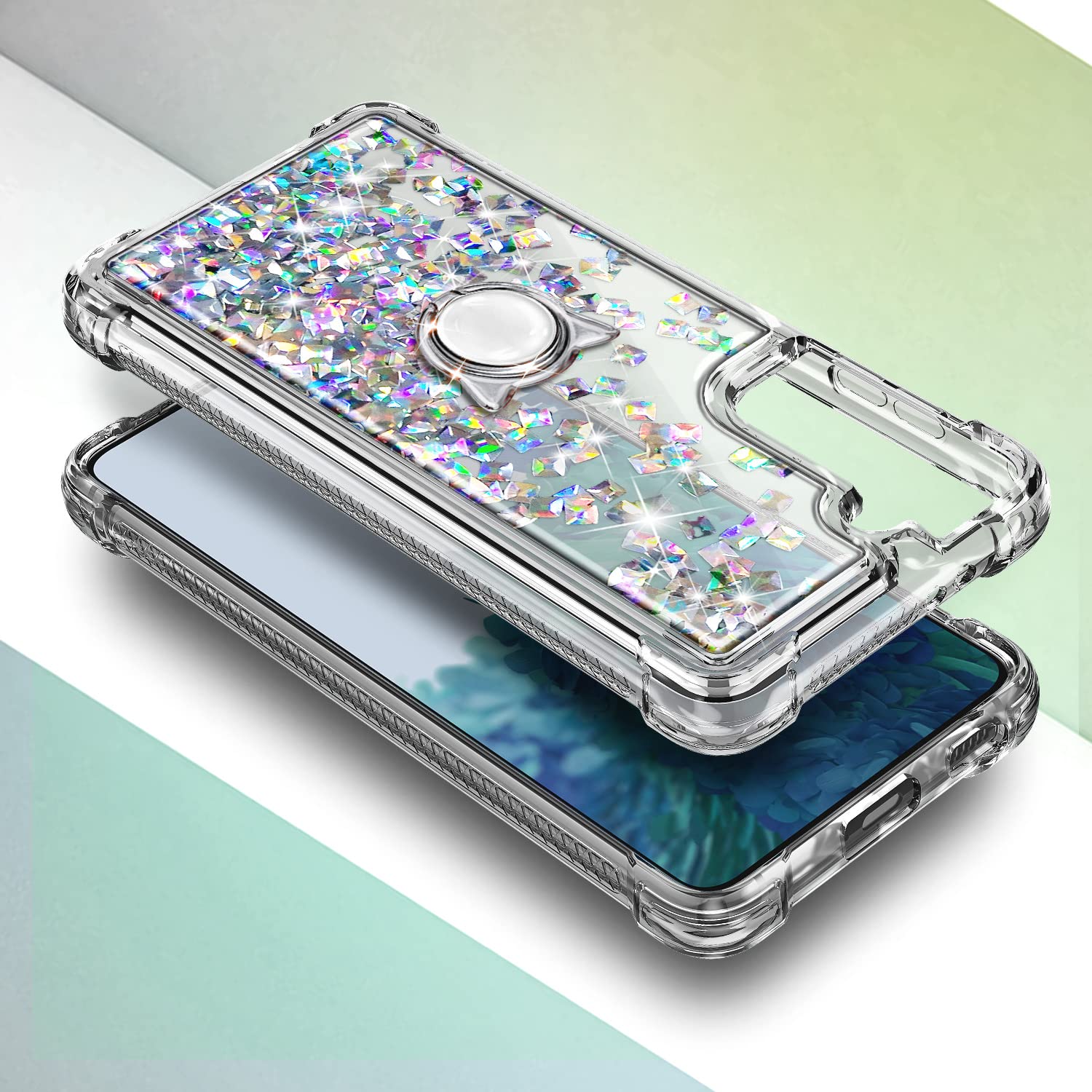 NGB Case for Samsung Galaxy S21 5G with Screen Protector (Maximum Coverage, Flexible TPU Film), Ring Holder, Girls Women Liquid Bling Sparkle Fashion Glitter Clear Cute Phone Case (Gem)