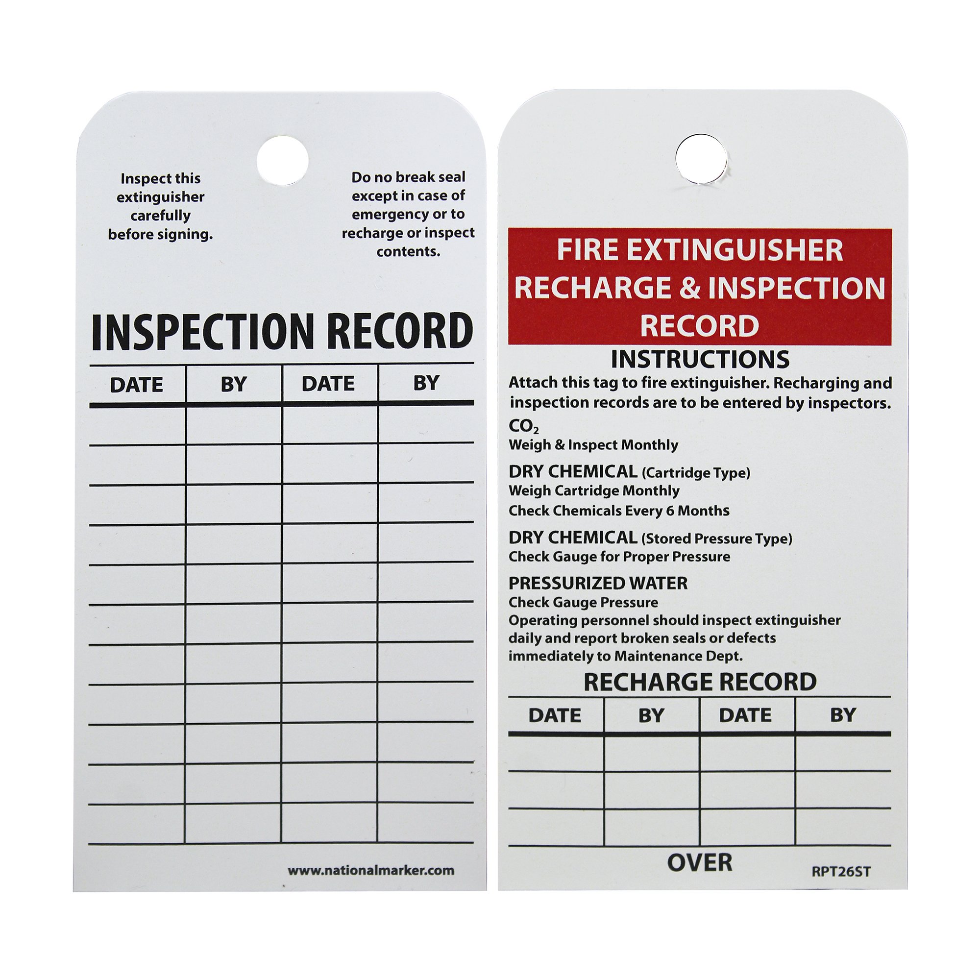 NMC RPT26ST Fire Extinguisher Recharge & Inspection Record Tag, Paper Polytag, Made in the USA,White
